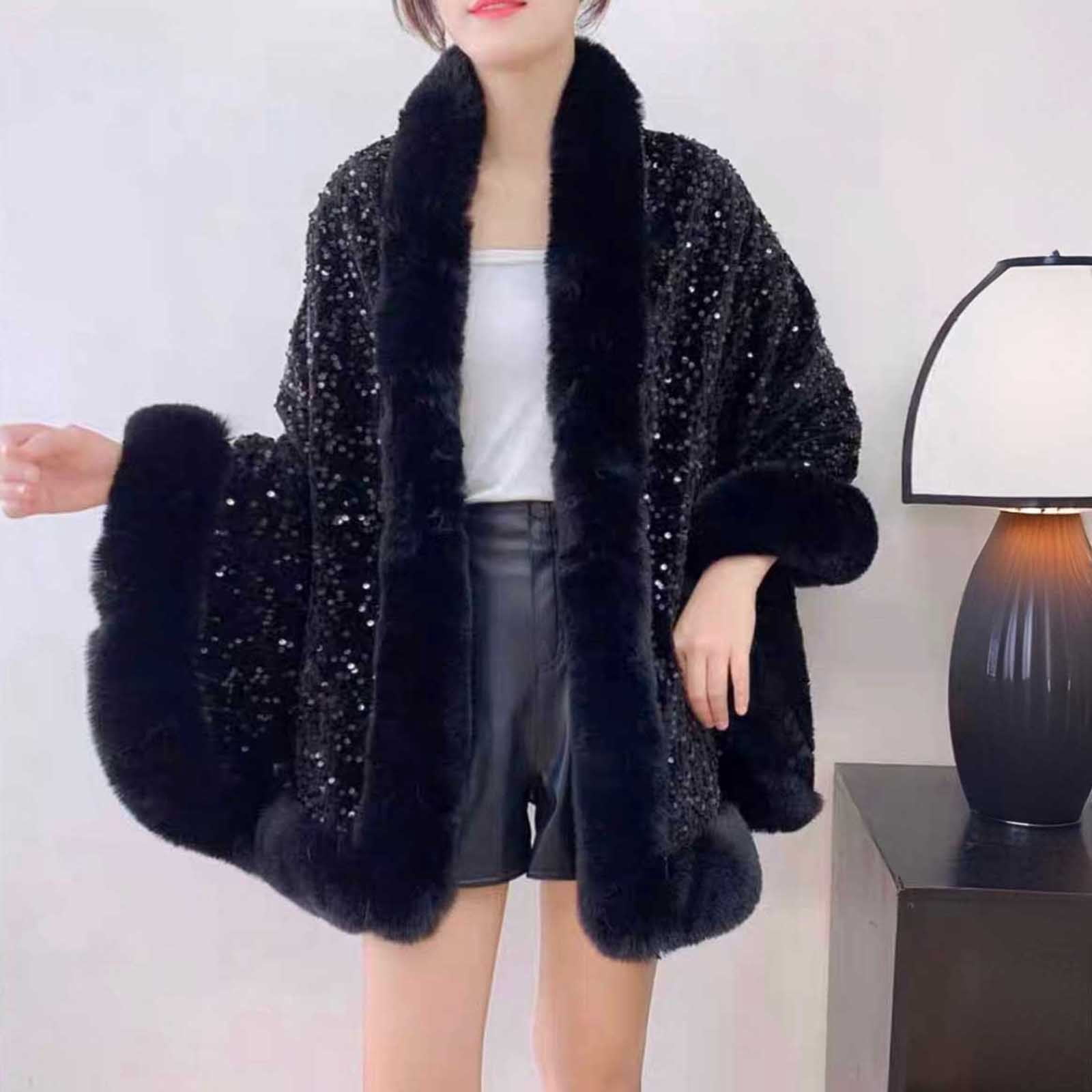 AUNVITO Cozy Faux Fur Collar Velvet Cape Coat Winter Warm Hooded Shawl ...
