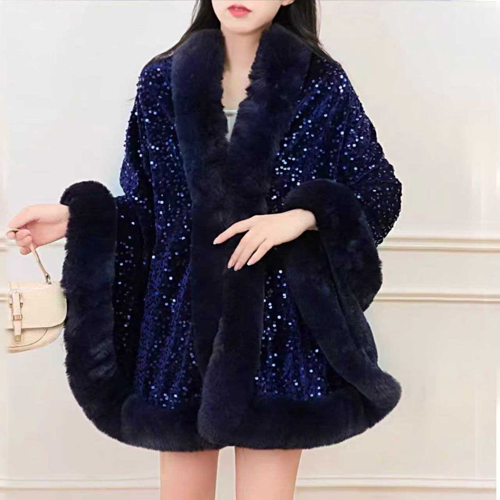 AUNVITO Cozy Faux Fur Collar Velvet Cape Coat Winter Warm Hooded Shawl ...