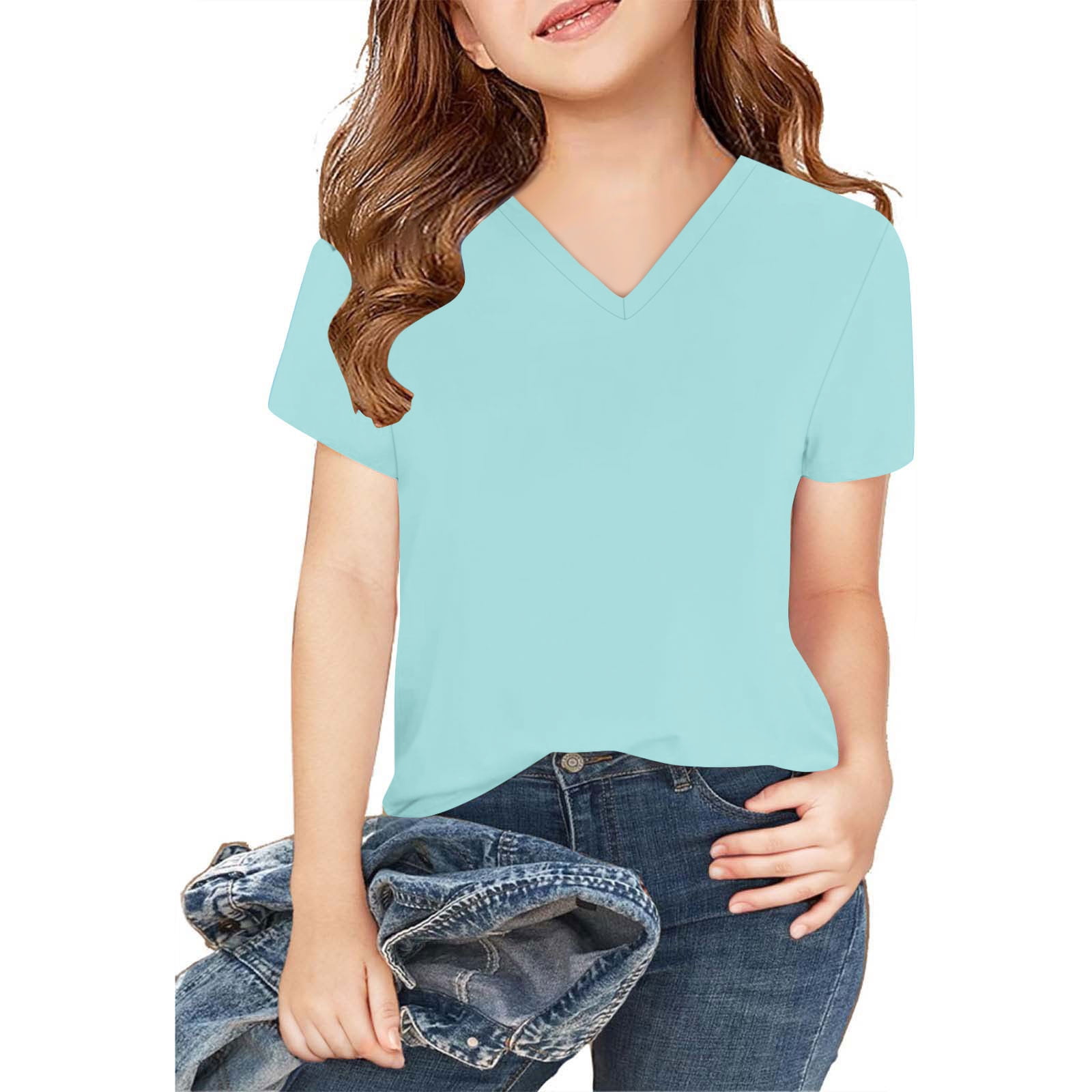 AUNVITO Girl's Tops Shirts for Kids Short Sleeve Graphic T-Shirt V Neck ...