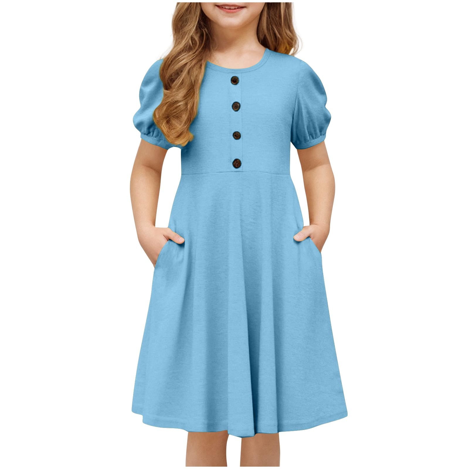 AUNVITO Girls A-line Ruffled Dress with Bubble Sleeve, Crew Neck ...