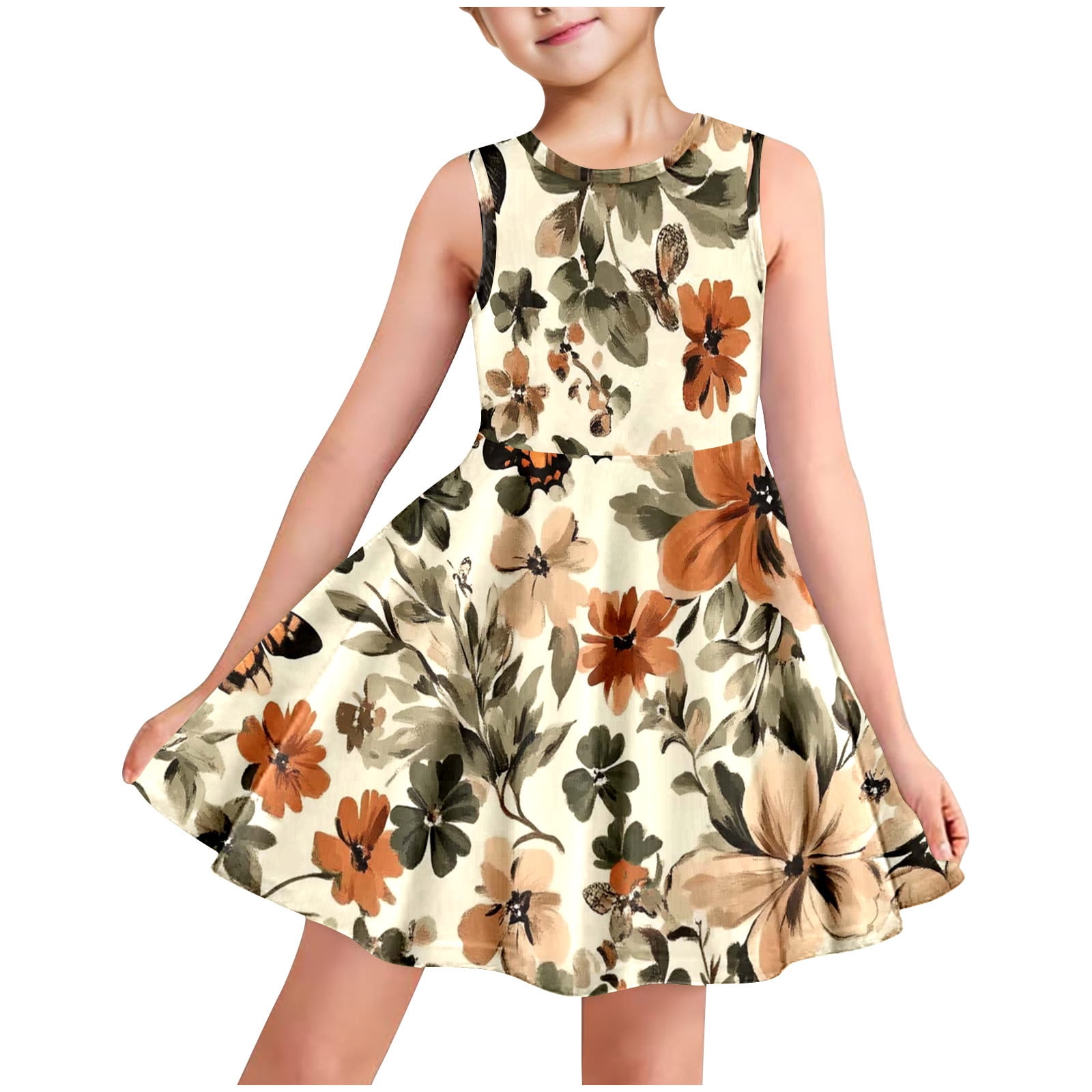 AUNVITO Girls Allover Print Round Neck Sleeveless Dress with Pockets ...