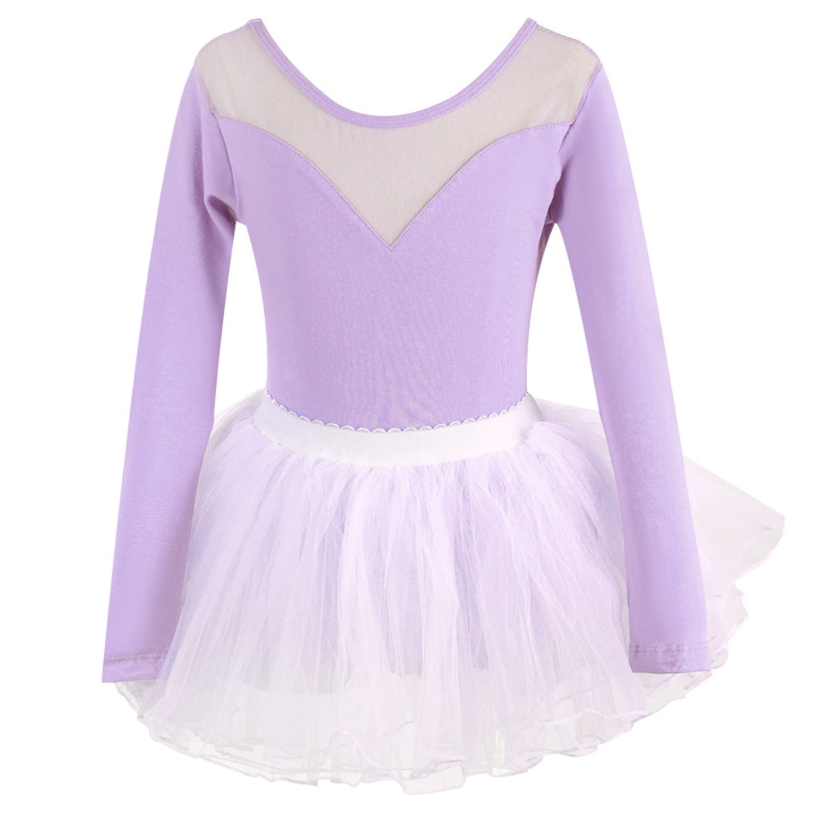 AUNVITO Girls Ballet Leotard High Elastic Mesh Long Sleeve Round Neck ...