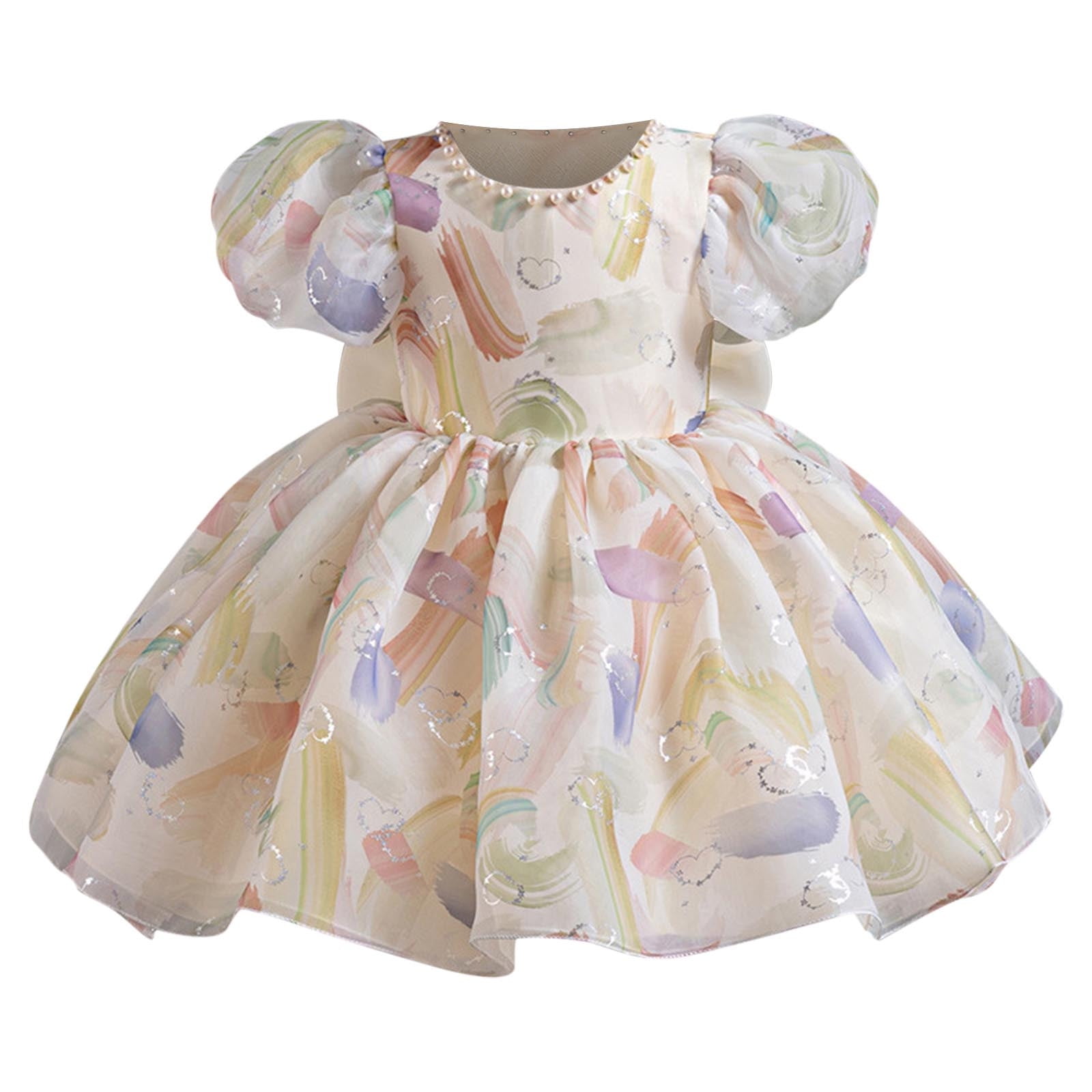 AUNVITO Girls Bubble Sleeve Round Neck Sequins Tulle Ball Gown Dress ...