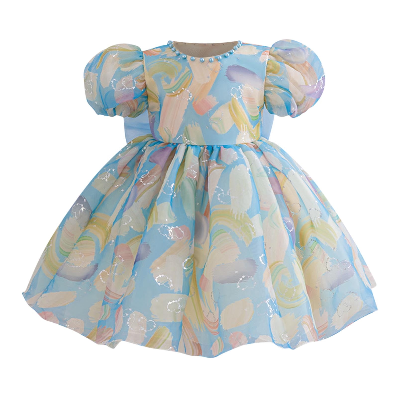 AUNVITO Girls Bubble Sleeve Round Neck Sequins Tulle Ball Gown Dress ...