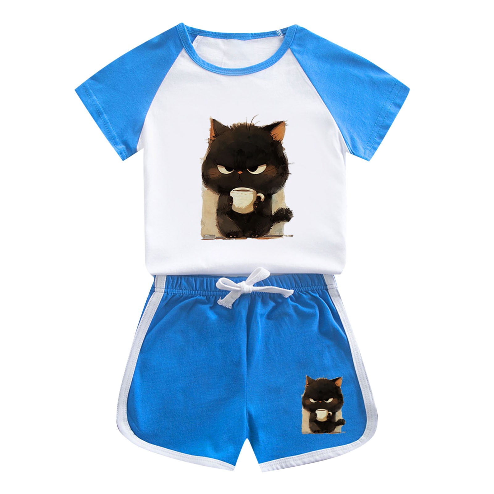 AUNVITO Girls Cat Print Round Neck T-Shirt & Elastic Waist Shorts Set ...