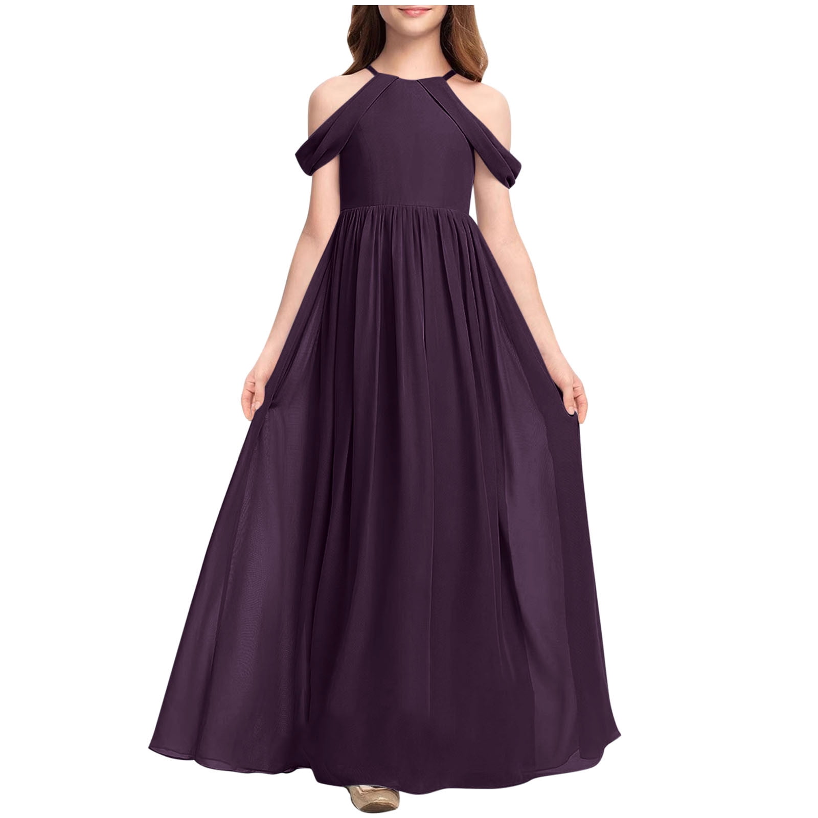 AUNVITO Girls Chiffon Performance Dress Elegant Flowy Spaghetti Strap ...