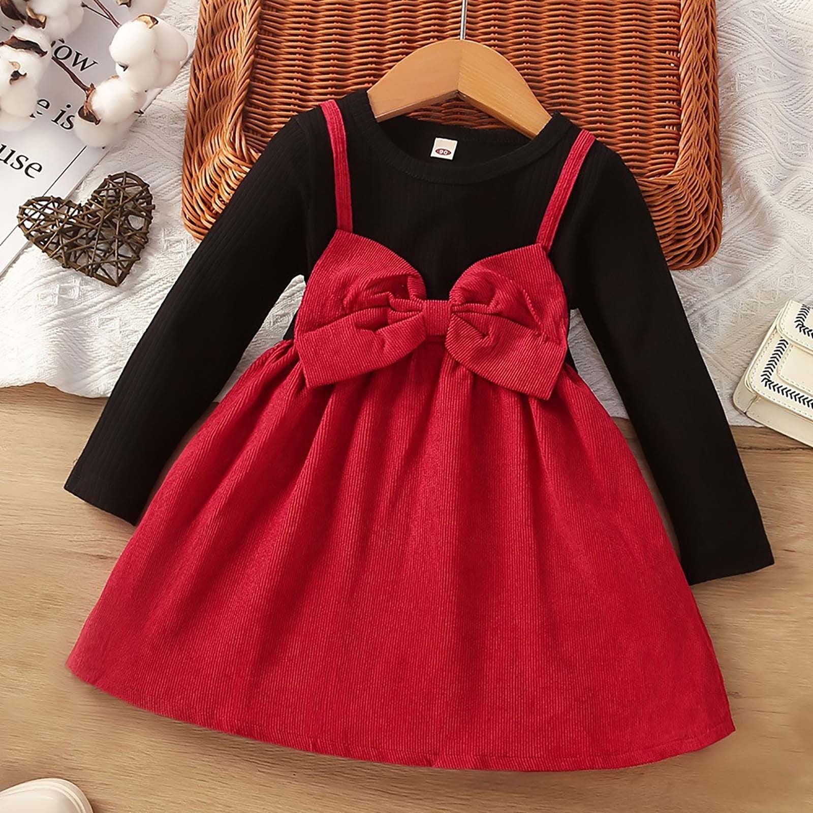 AUNVITO Girls Corduroy Dress 2-8Y Two-Piece Design Bow Knot Splicing ...