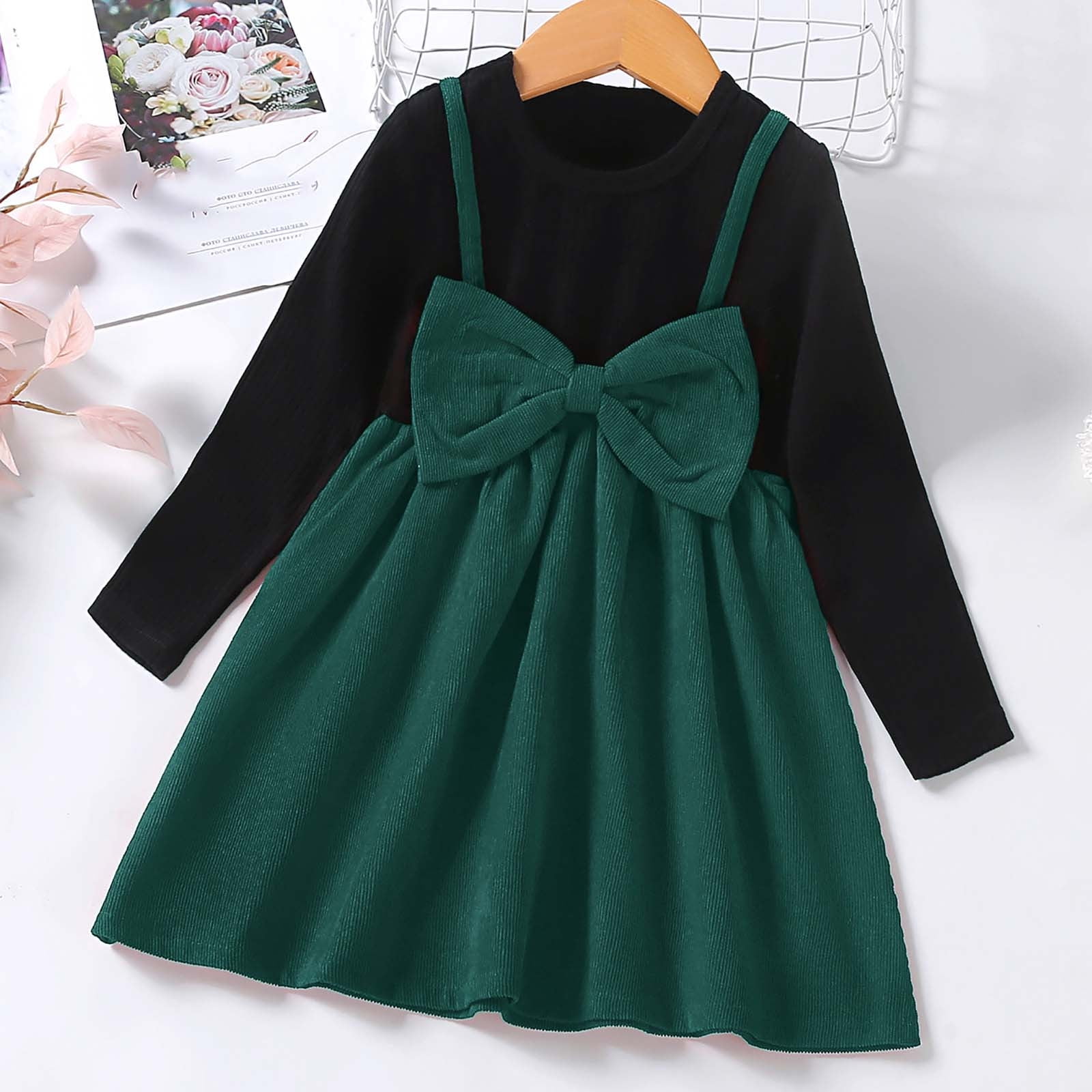 AUNVITO Girls Corduroy Dress 2-8Y Two-Piece Design Bow Knot Splicing ...