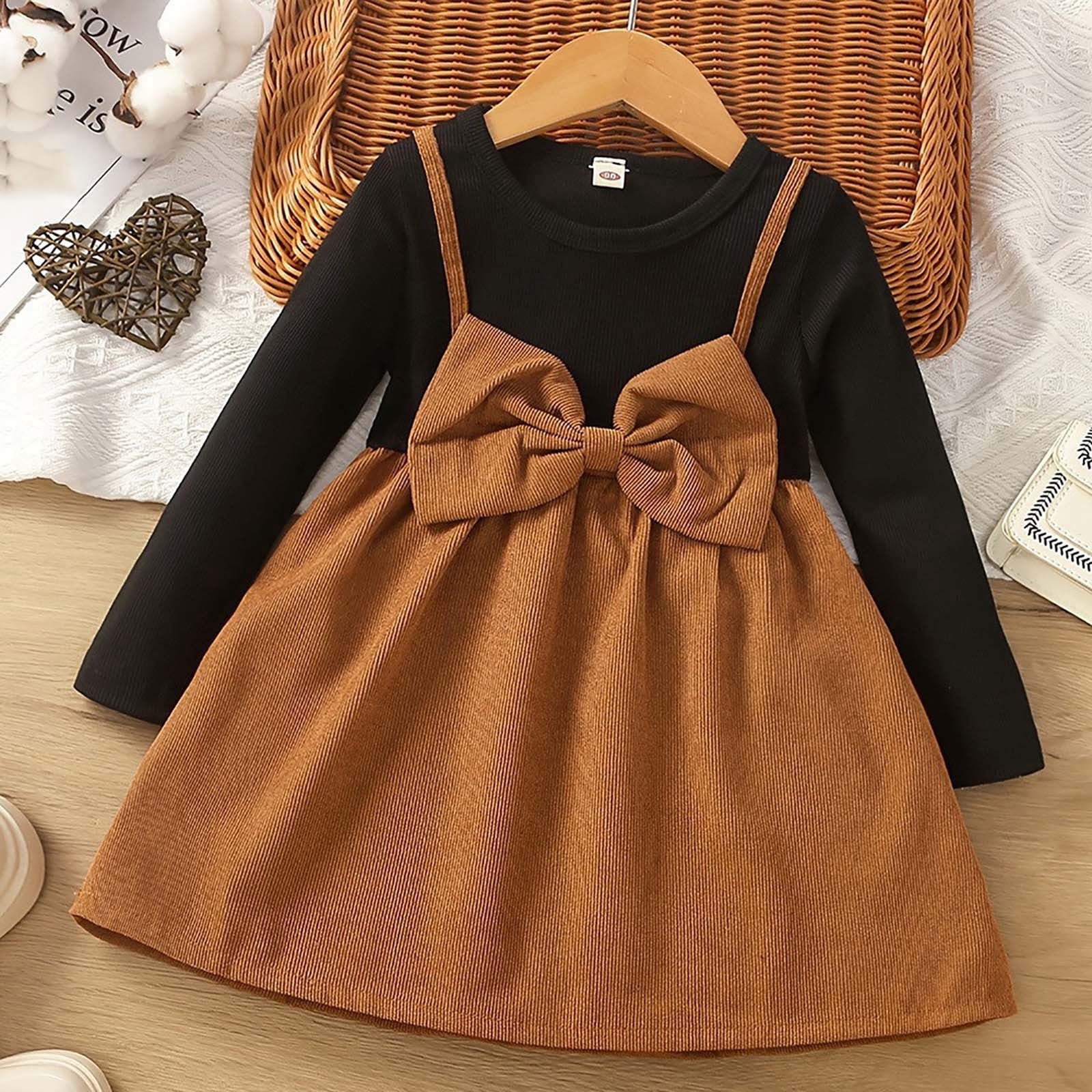 AUNVITO Girls Corduroy Dress 2-8Y Two-Piece Design Bow Knot Splicing ...