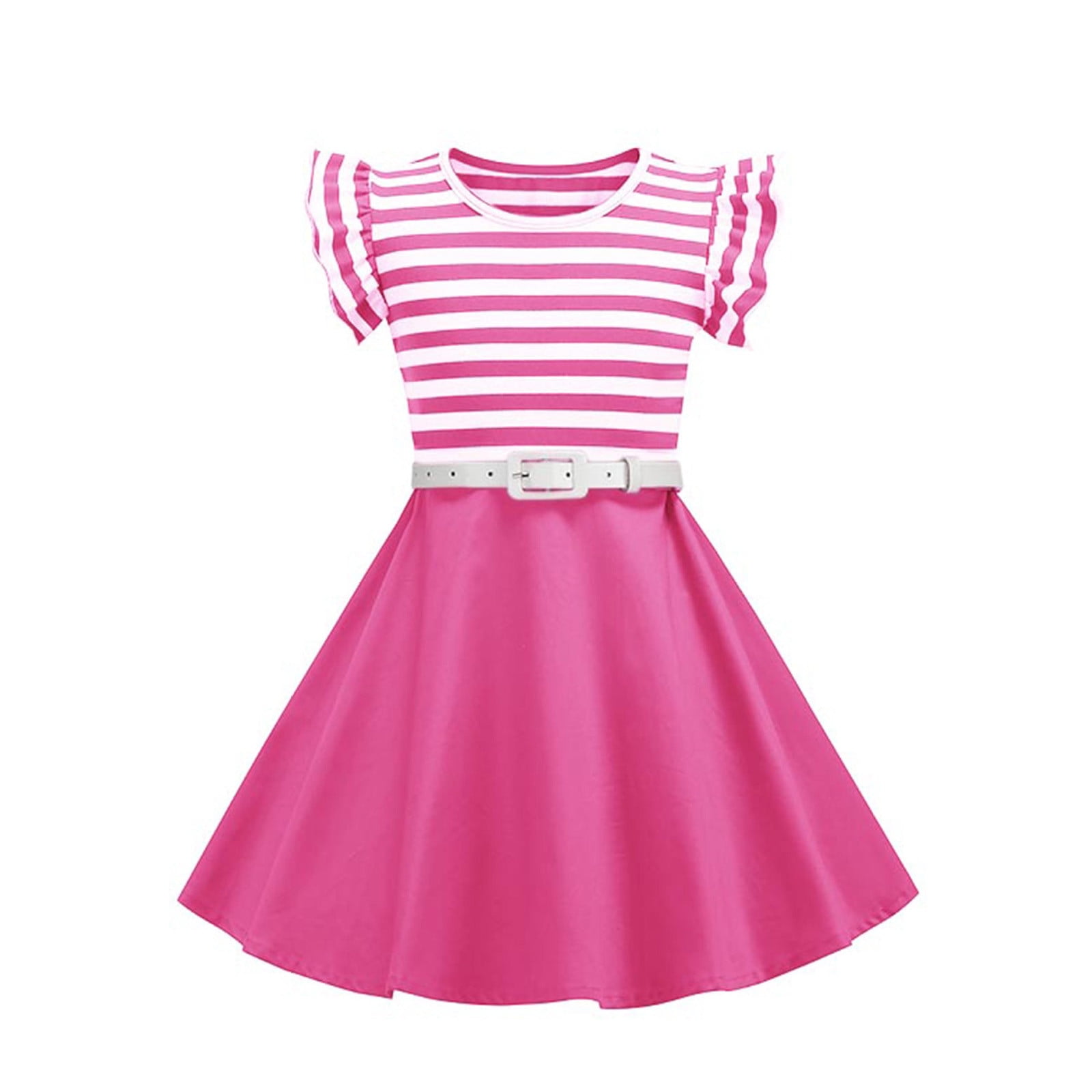 AUNVITO Girls Dresses Girls Summer Waist Stripe Solid Spliced Flying ...