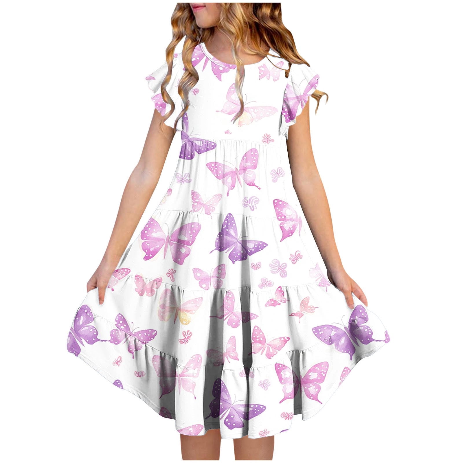 AUNVITO Girls Floral Print Dress Flutter Sleeve Round Neck Waist Tie ...
