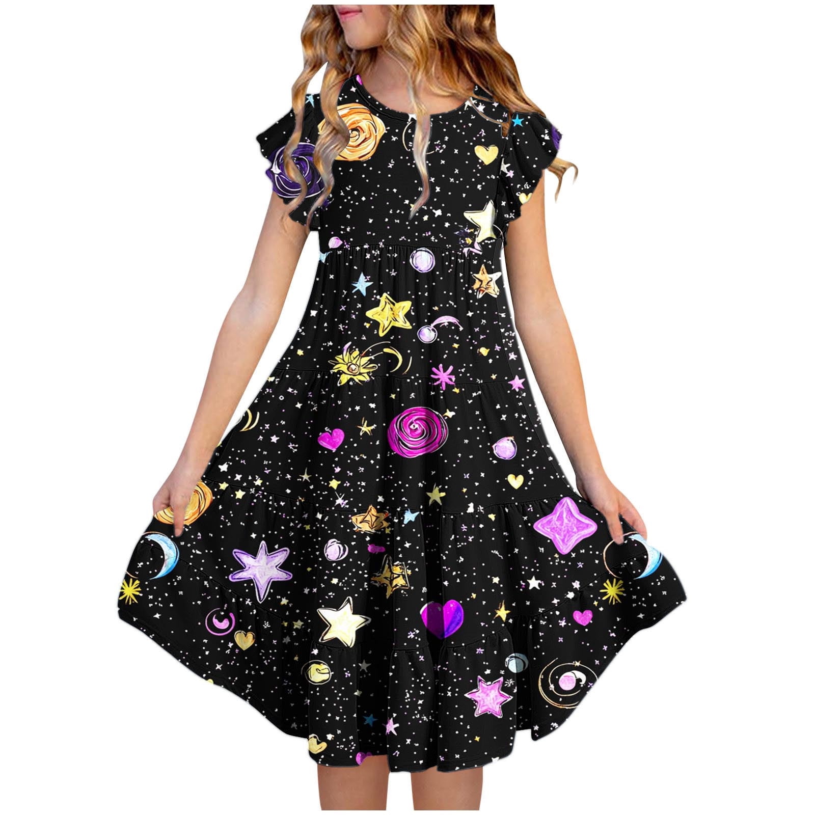 AUNVITO Girls Floral Print Dress Flutter Sleeve Round Neck Waist Tie ...