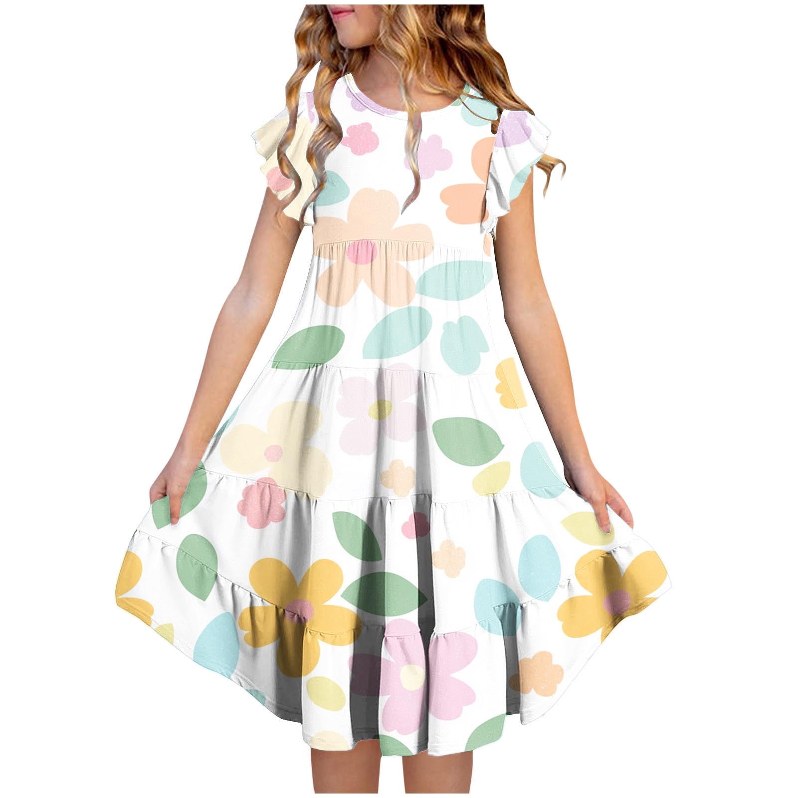 AUNVITO Girls Floral Print Dress Flutter Sleeve Round Neck Waist Tie ...