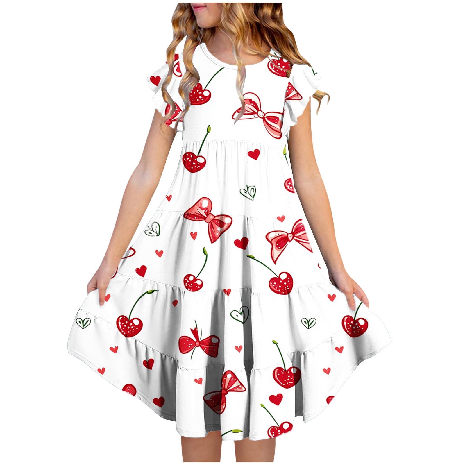 AUNVITO Girls Floral Print Dress Flutter Sleeve Round Neck with Pocket ...