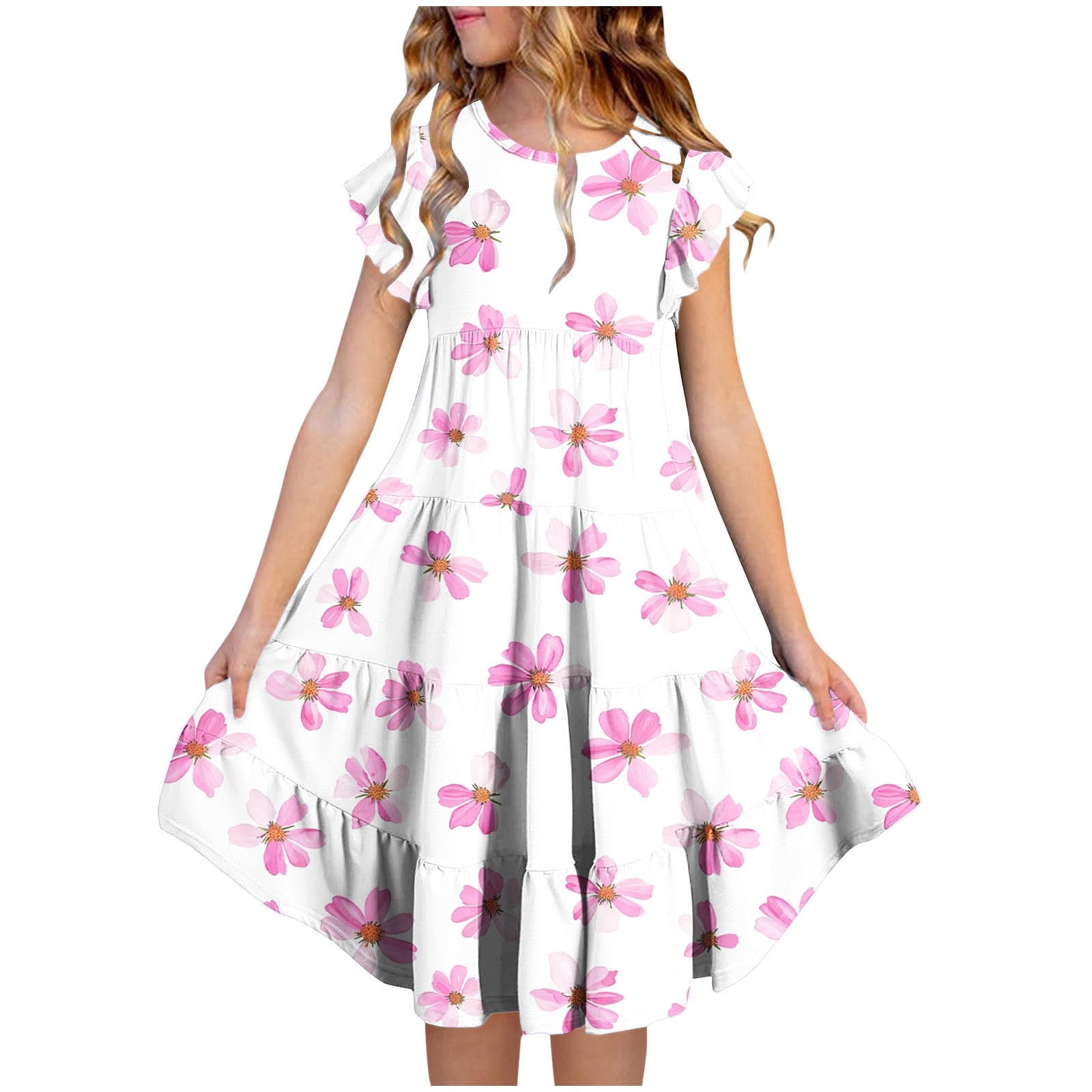AUNVITO Girls Floral Print Dress Flutter Sleeve Round Neck with Pocket ...