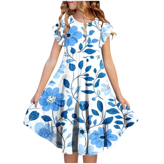 AUNVITO Girls Floral Print Dress Flutter Sleeve Round Neck with Pocket ...
