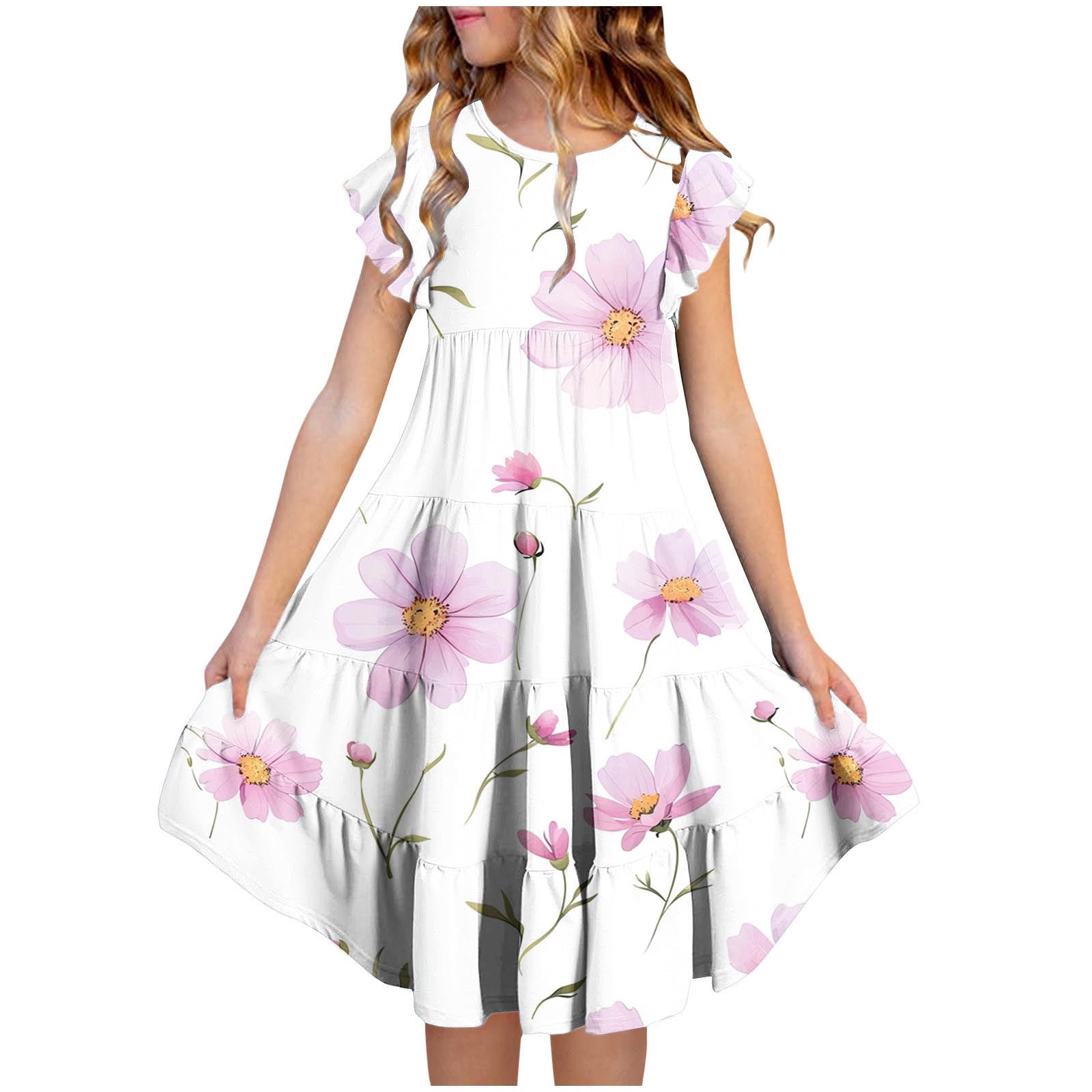 AUNVITO Girls Floral Print Dress Flutter Sleeve Round Neck with Pocket ...
