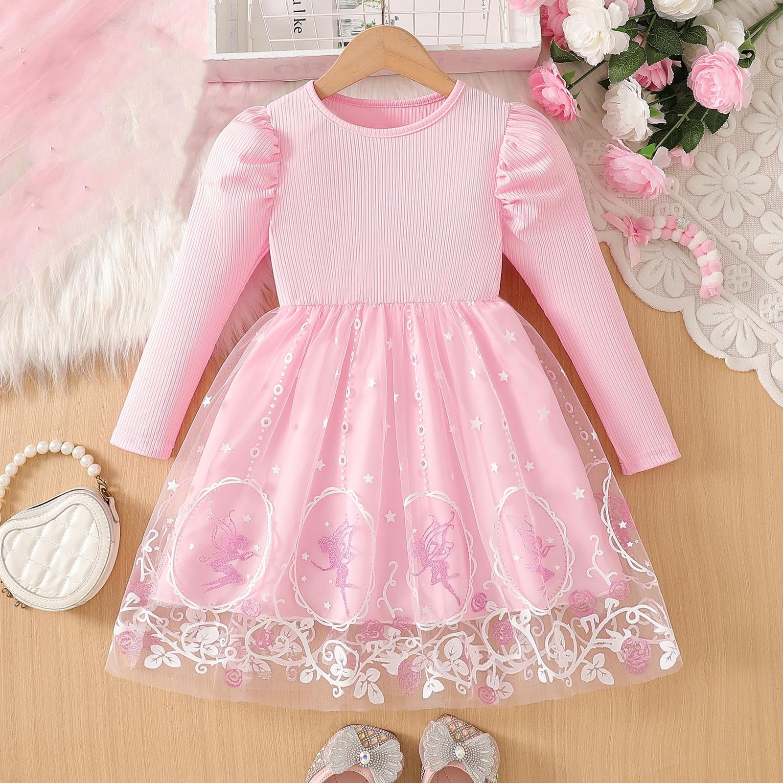AUNVITO Girls Fluffy Princess Dress Long Sleeve Flutter Sleeve Round ...