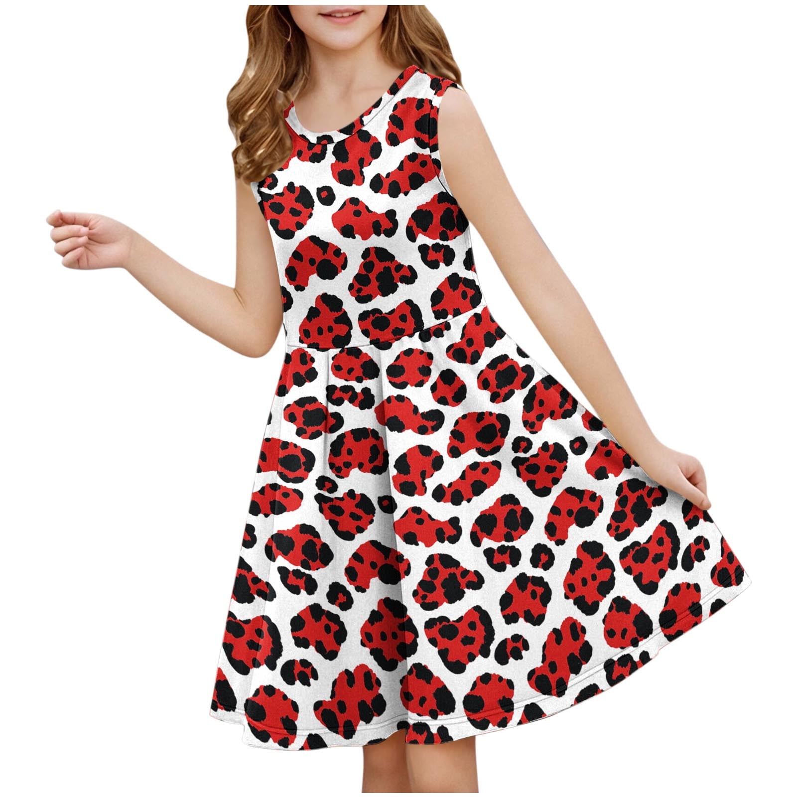 AUNVITO Girls Leopard Print Sleeveless Dress Round Neck Waist Cinched ...