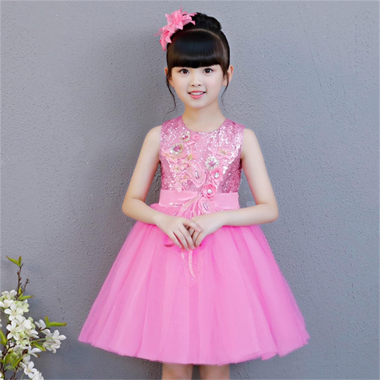 AUNVITO Girls' Performance Dress Set Solid Color Sequin Round Neck ...