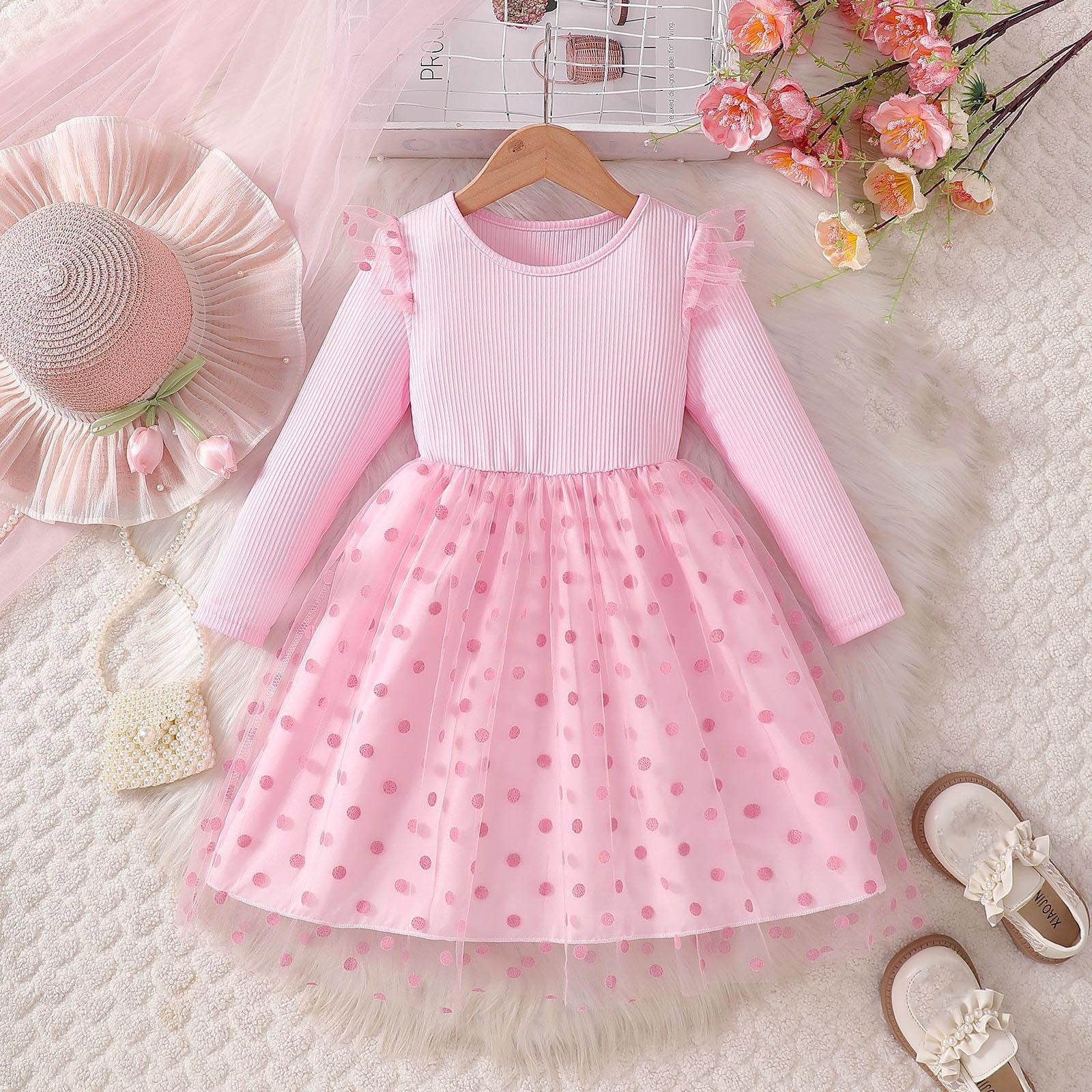 AUNVITO Girls Polka Dot Tulle Dress Flutter Sleeve Round Neck Puff ...