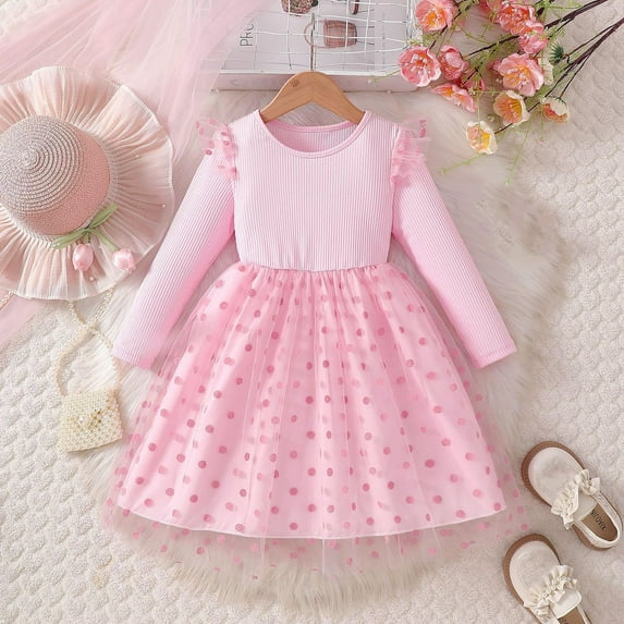 AUNVITO Girls Polka Dot Tulle Dress Flutter Sleeve Round Neck Puff ...