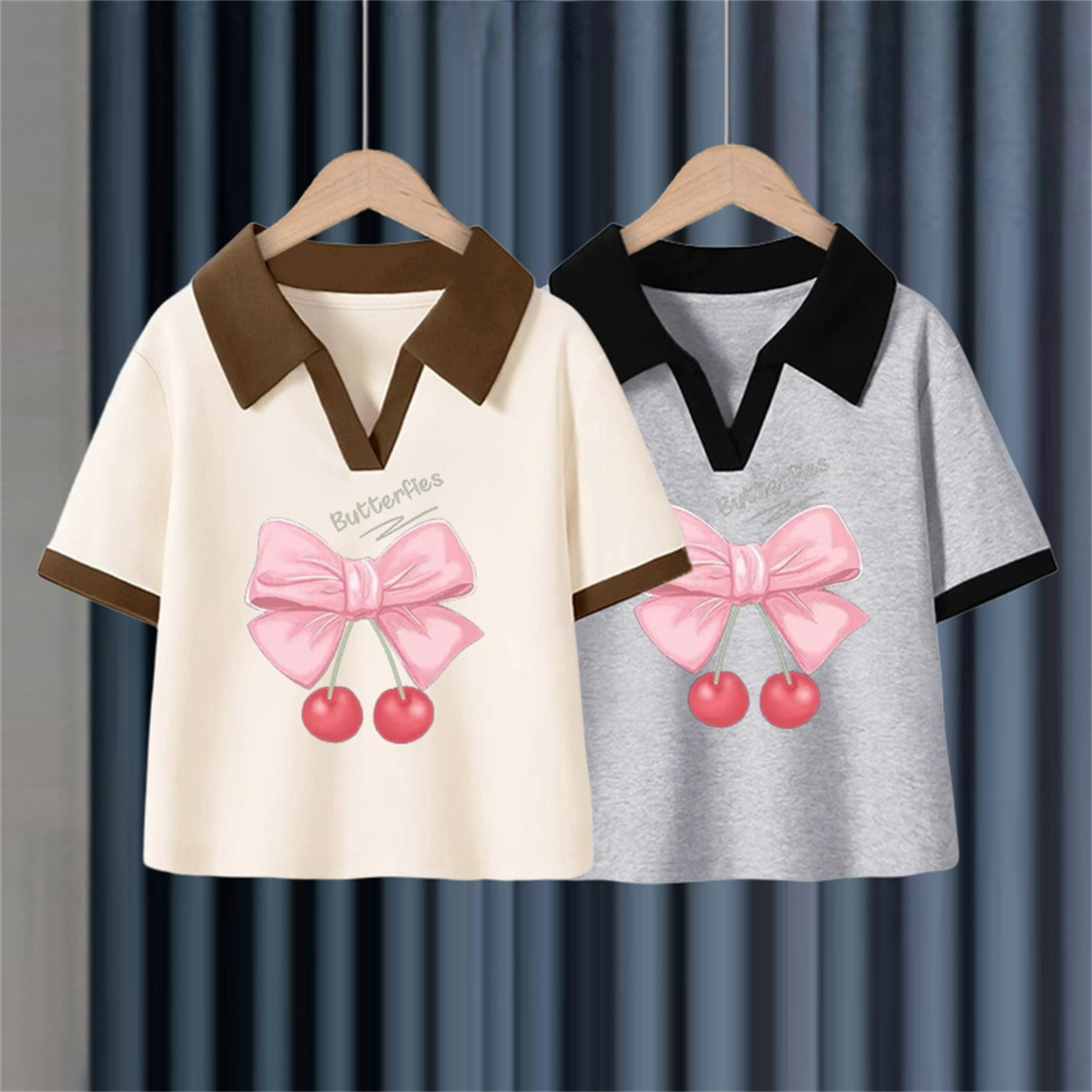 AUNVITO Girls Polo Shirts 2 Pack Short Sleeve T-Shirts Cute Bow Printed ...