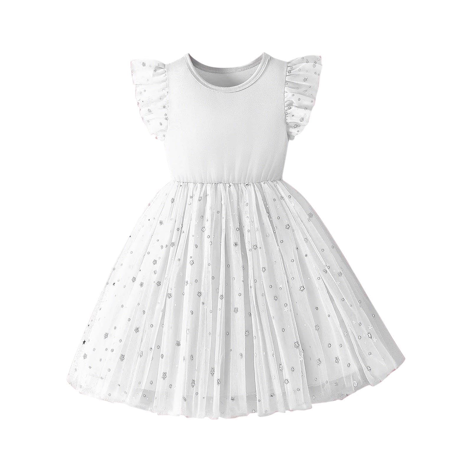 AUNVITO Girls Round Neck Flutter Sleeve Tulle Dress Star Print Bubble ...