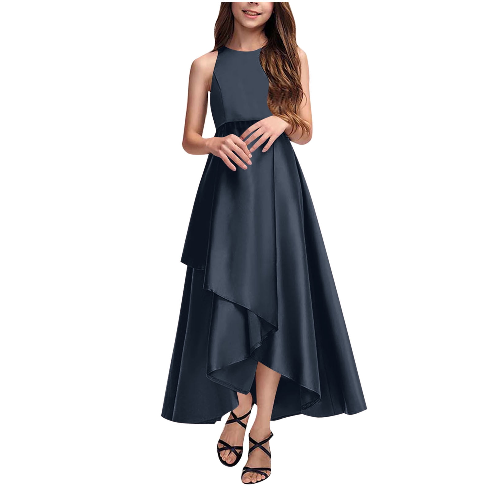AUNVITO Girls Satin Performance Dress Elegant Sleeveless Round Neck ...