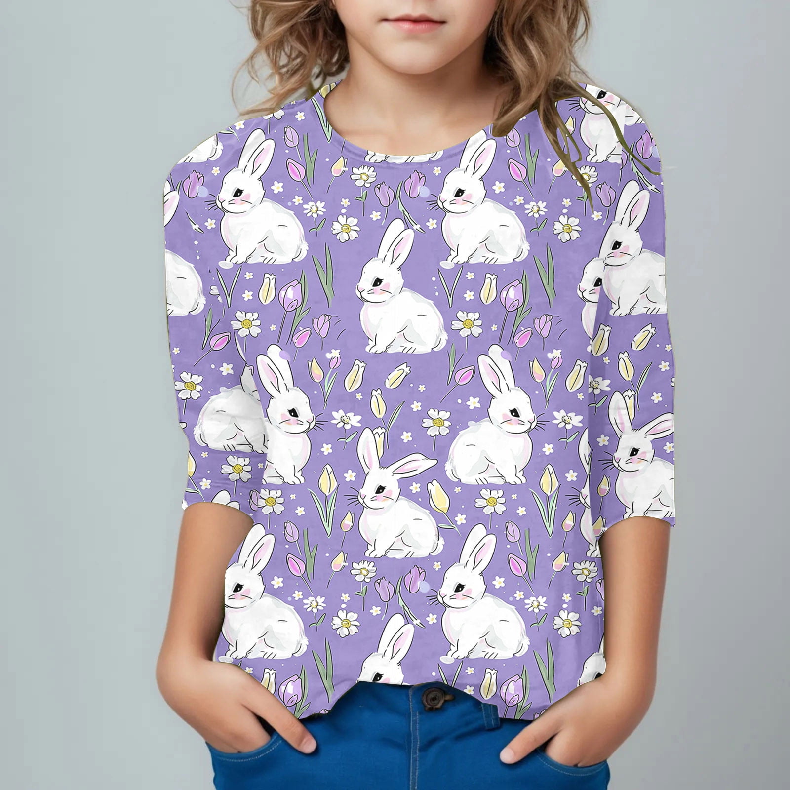 AUNVITO Girls Shirts Interest Easter Print Tshirt 3/4 Sleeve Top Funny ...