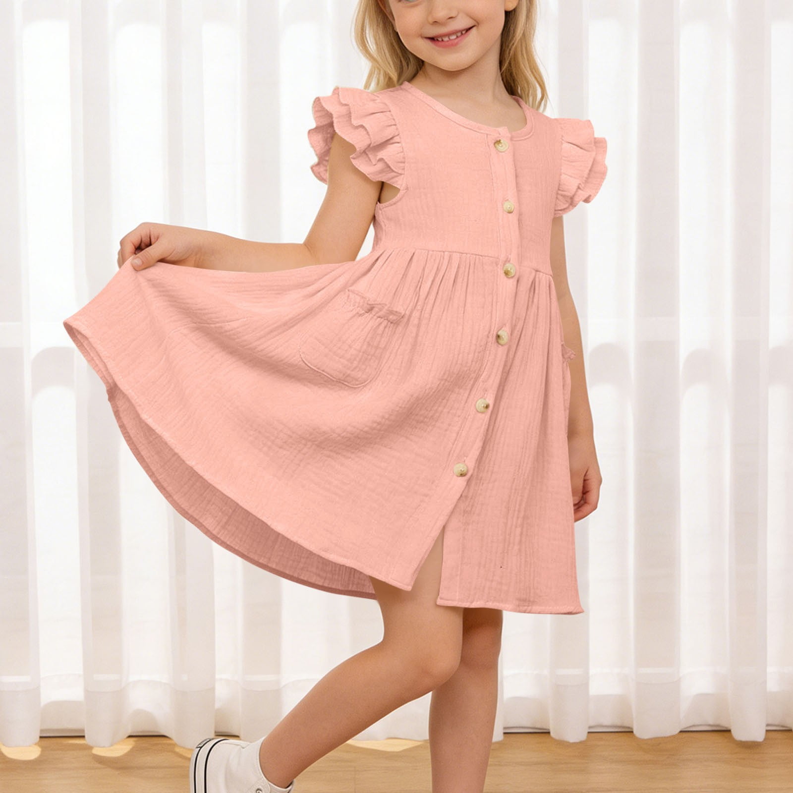 AUNVITO Girls Sleeveless Dress with Round Neck Ruffle Hem Button Front ...