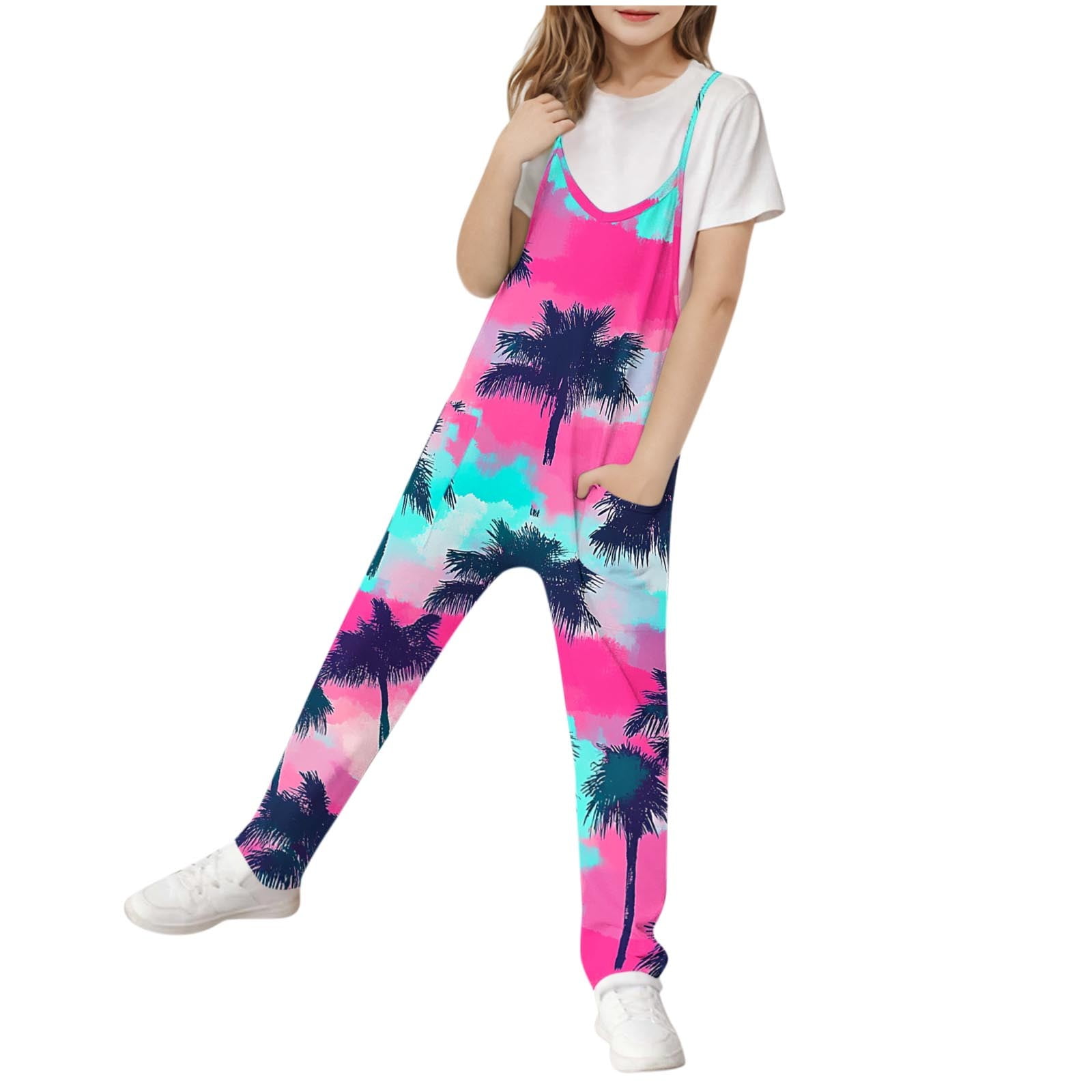 AUNVITO Girls Sleeveless Jumpsuit Adjustable Straps Palm Print Hawaiian ...