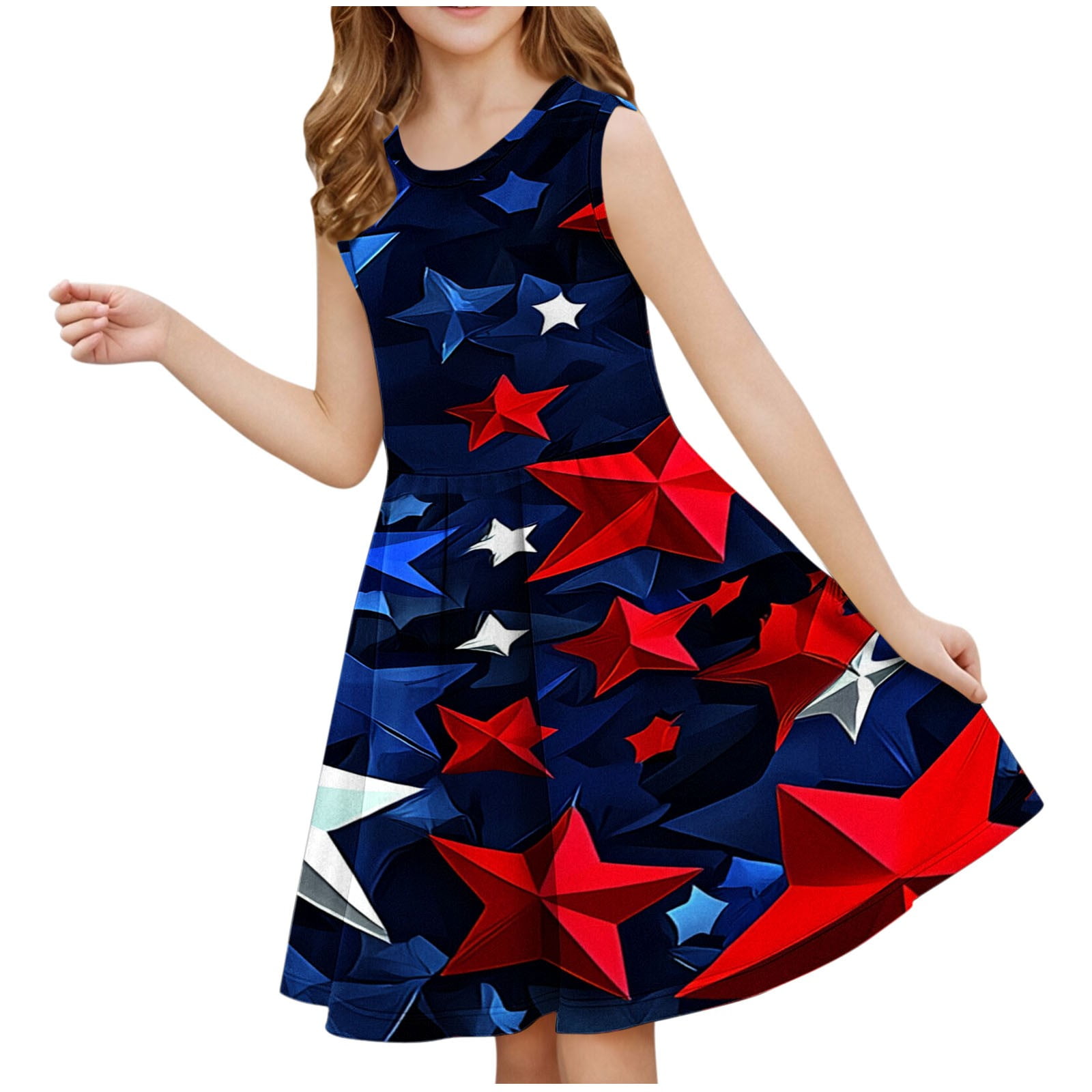 AUNVITO Girls Sleeveless Round Neck Dress Independence Day Print ...