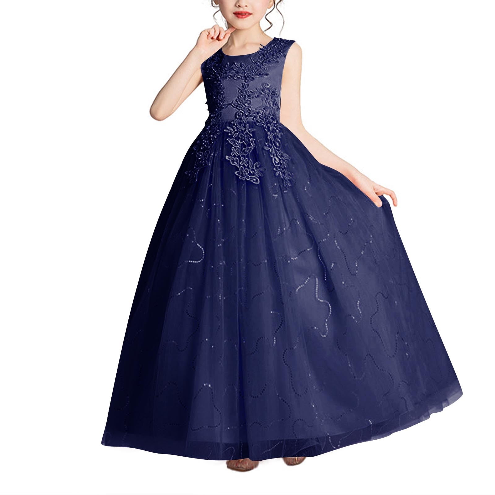 AUNVITO Girls Sleeveless Round Neck Tulle Dress Elegant Princess Party ...