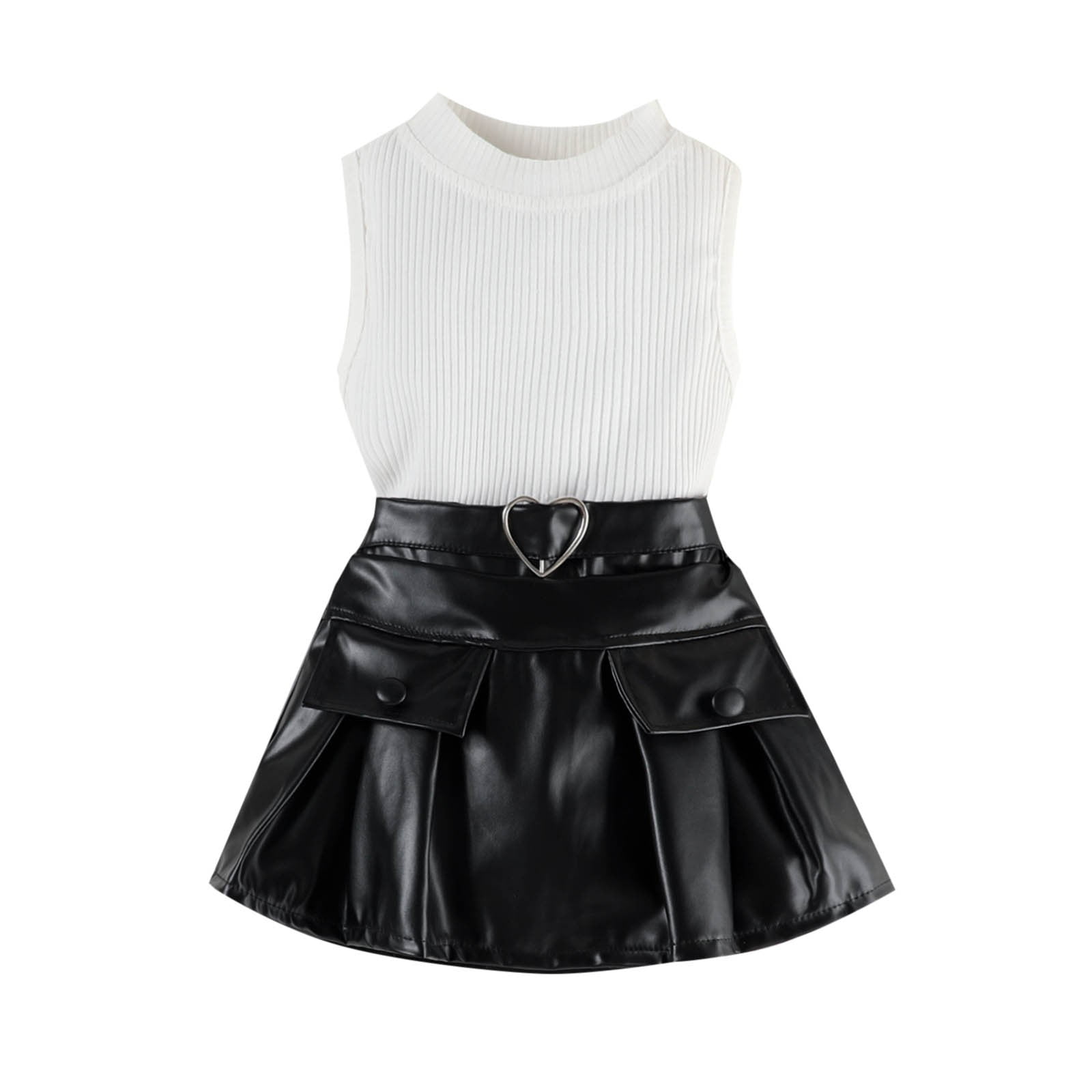 AUNVITO Girls Solid Color Ribbed Tank Top PU Leather Waist Button Skirt ...