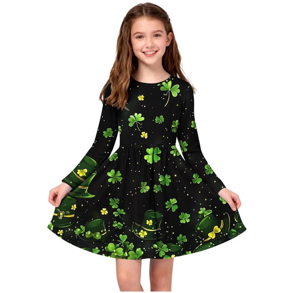 AUNVITO Girls St Patrick's Day Dress Long Sleeve Round Neck with ...