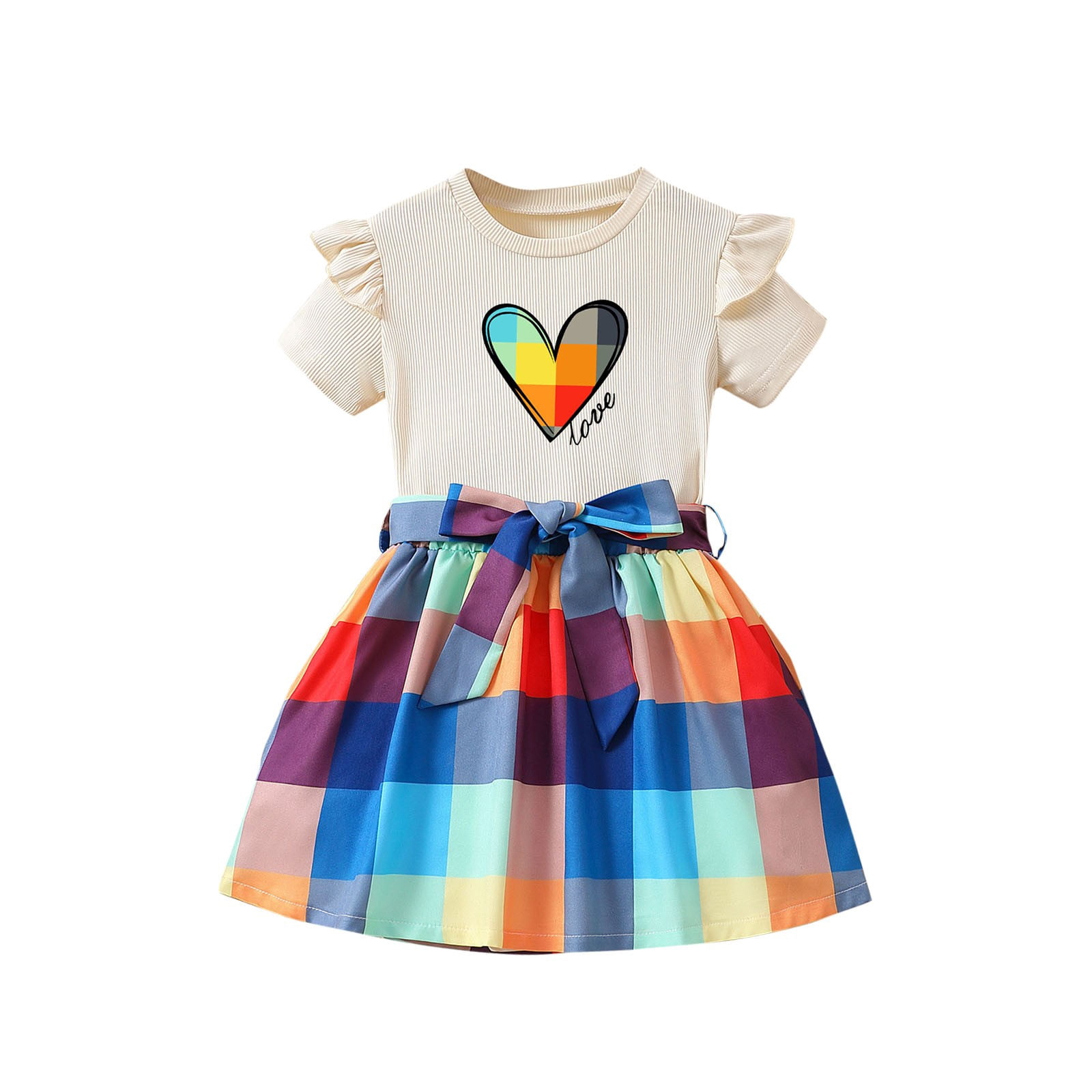 AUNVITO Girls Summer Checkered 2-Piece Set Flutter Sleeve Top and Skirt ...