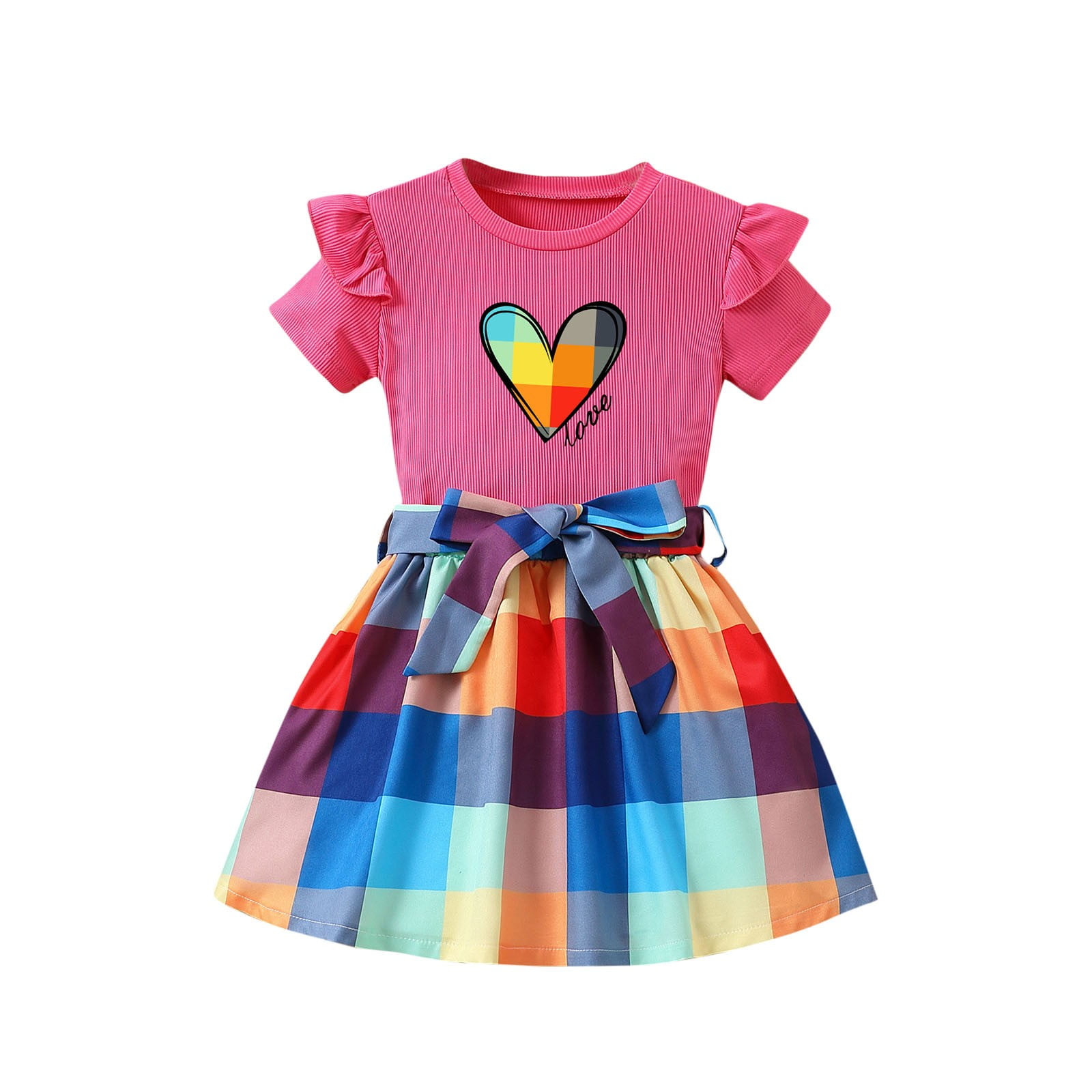 AUNVITO Girls Summer Checkered 2-Piece Set Flutter Sleeve Top and Skirt ...