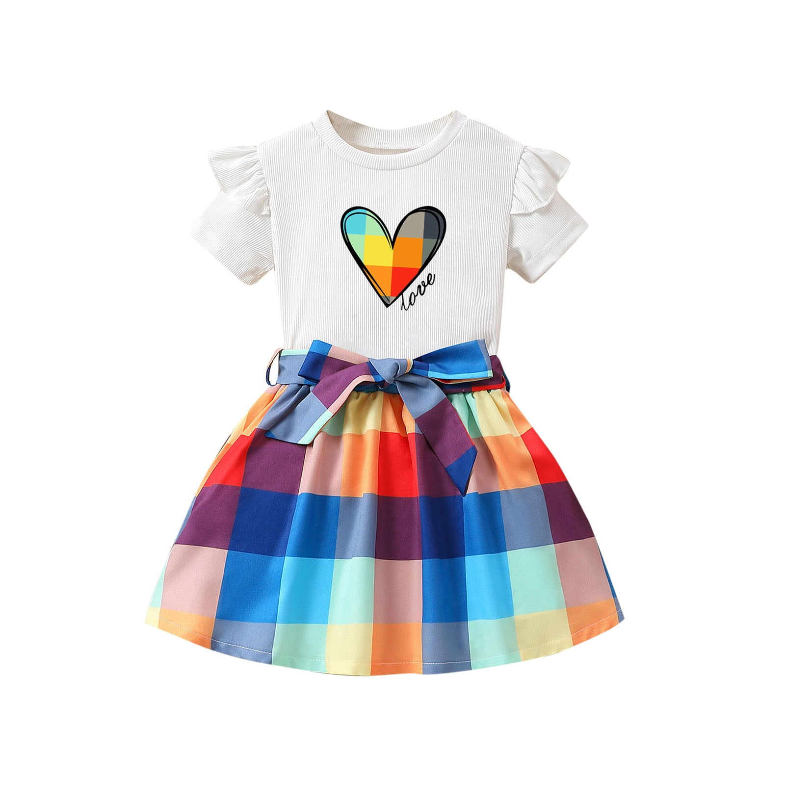 AUNVITO Girls Summer Checkered 2-Piece Set Flutter Sleeve Top and Skirt ...