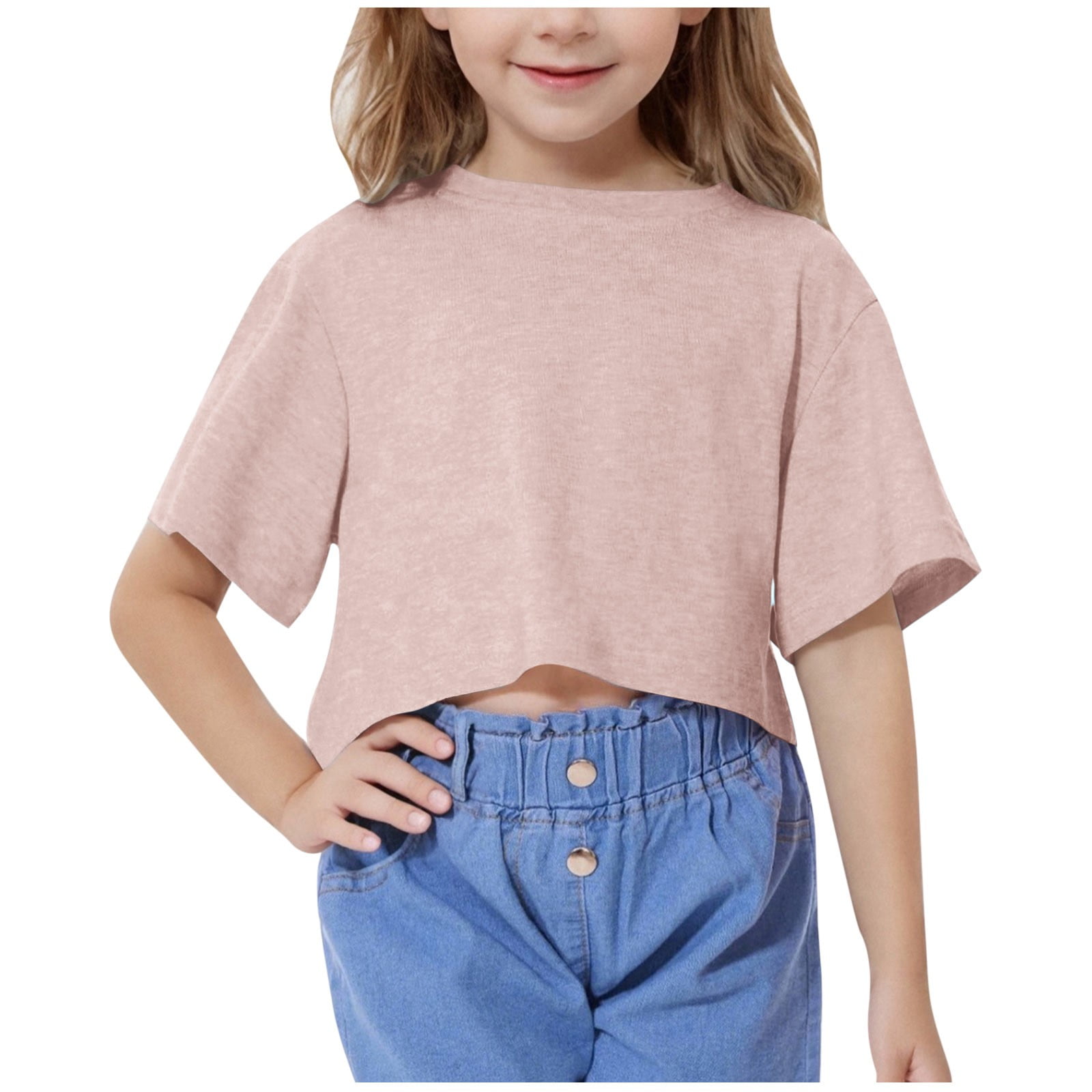AUNVITO Girls Summer Crop Tops Kids Fashion Oversized Crew Neck Cropped ...