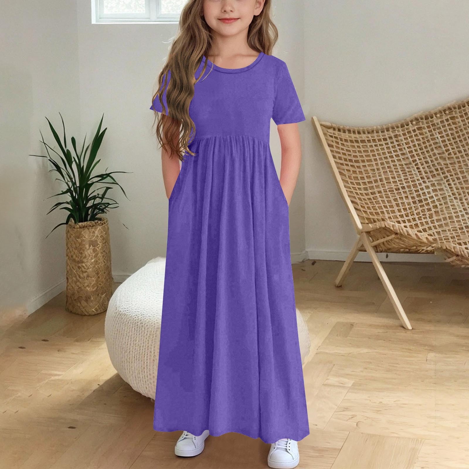 AUNVITO Girls Summer Dress Short Sleeve Round Neck with Pocket Pleated ...