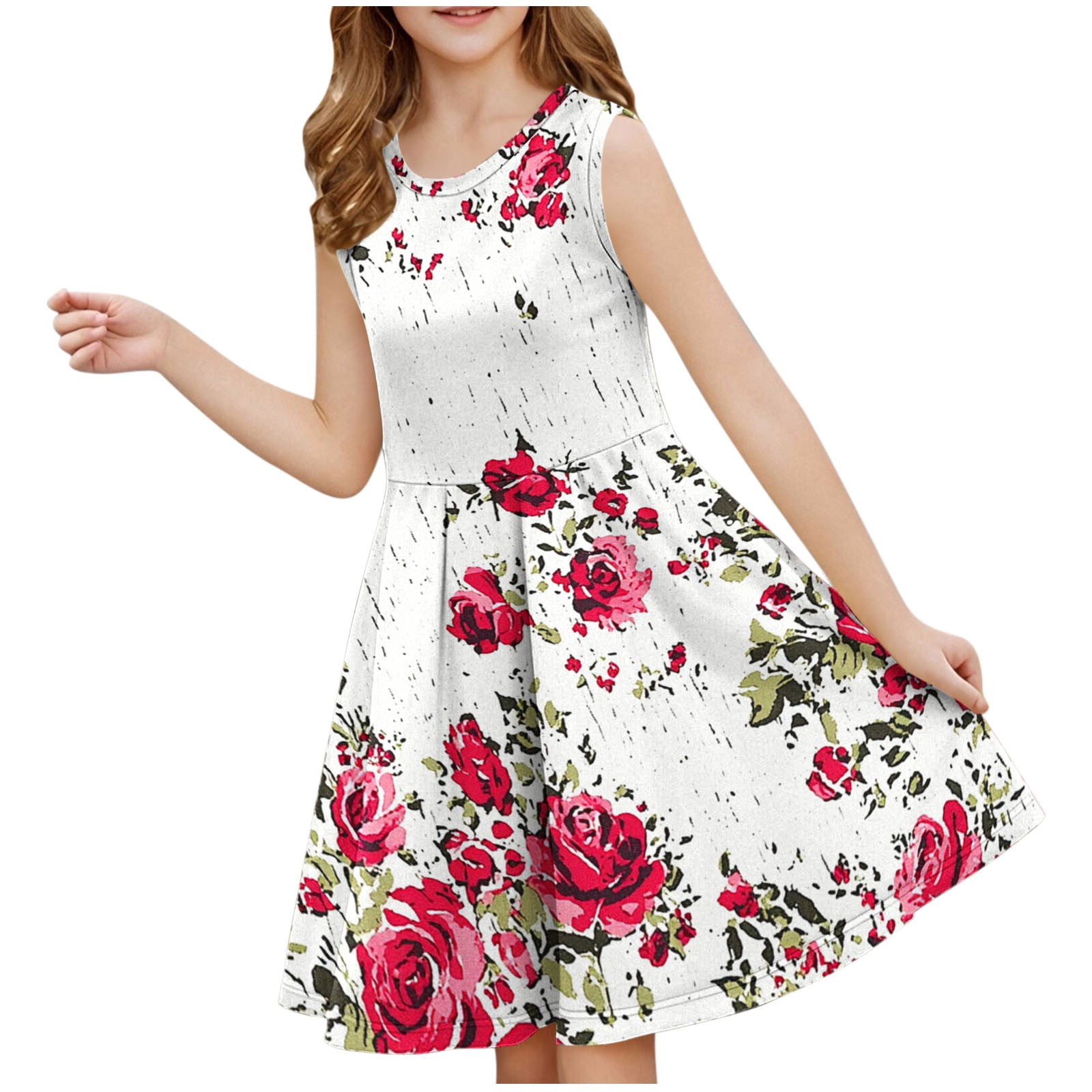 AUNVITO Girls Summer Floral Print Sleeveless Round Neck Dress with ...