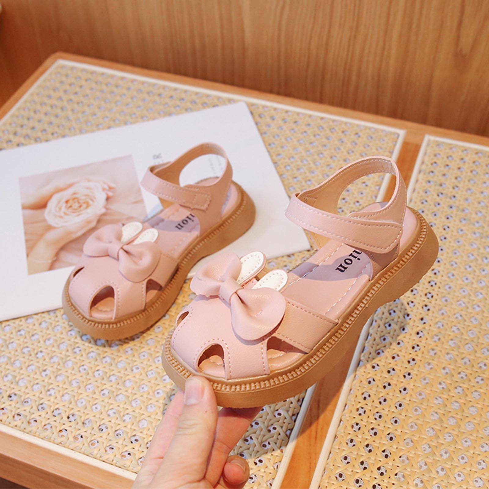 AUNVITO Girls' Summer New Soft Soled Floral Bao Head Rhinestone Princess Shoes for Children Non ...