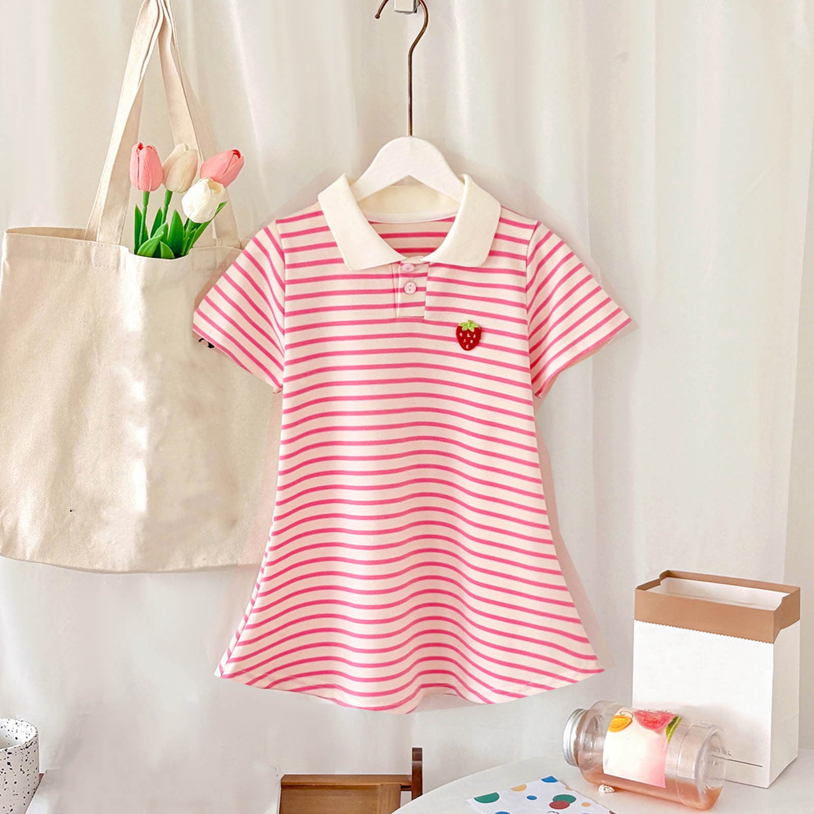 AUNVITO Girls Summer Short Sleeve Polo-Style Dress with Striped Design ...