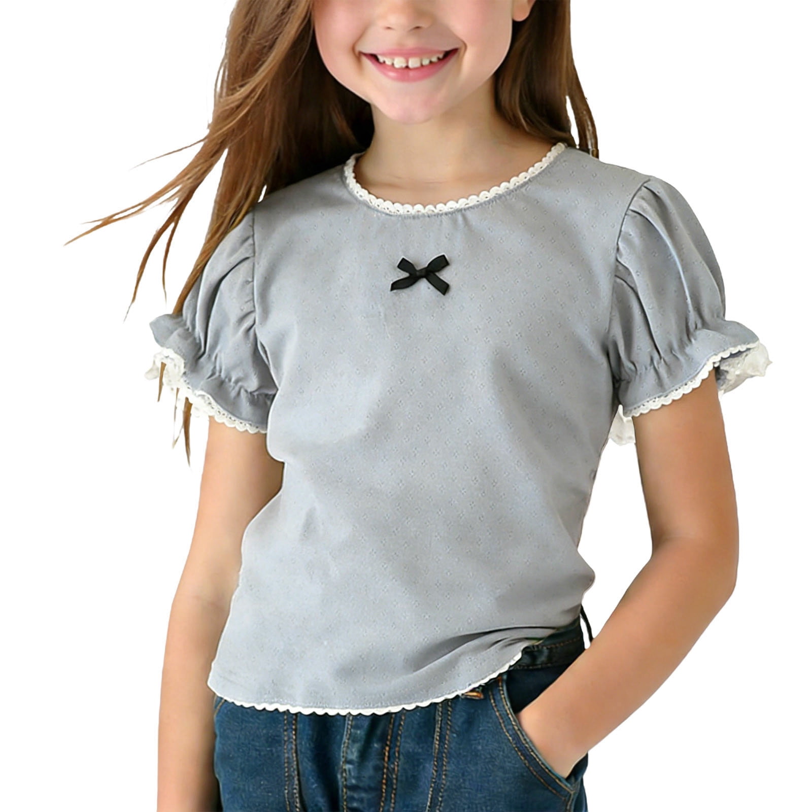 AUNVITO Girls T-shirt Short Sleeve Round Neck Lace Trim Lace-up Design ...