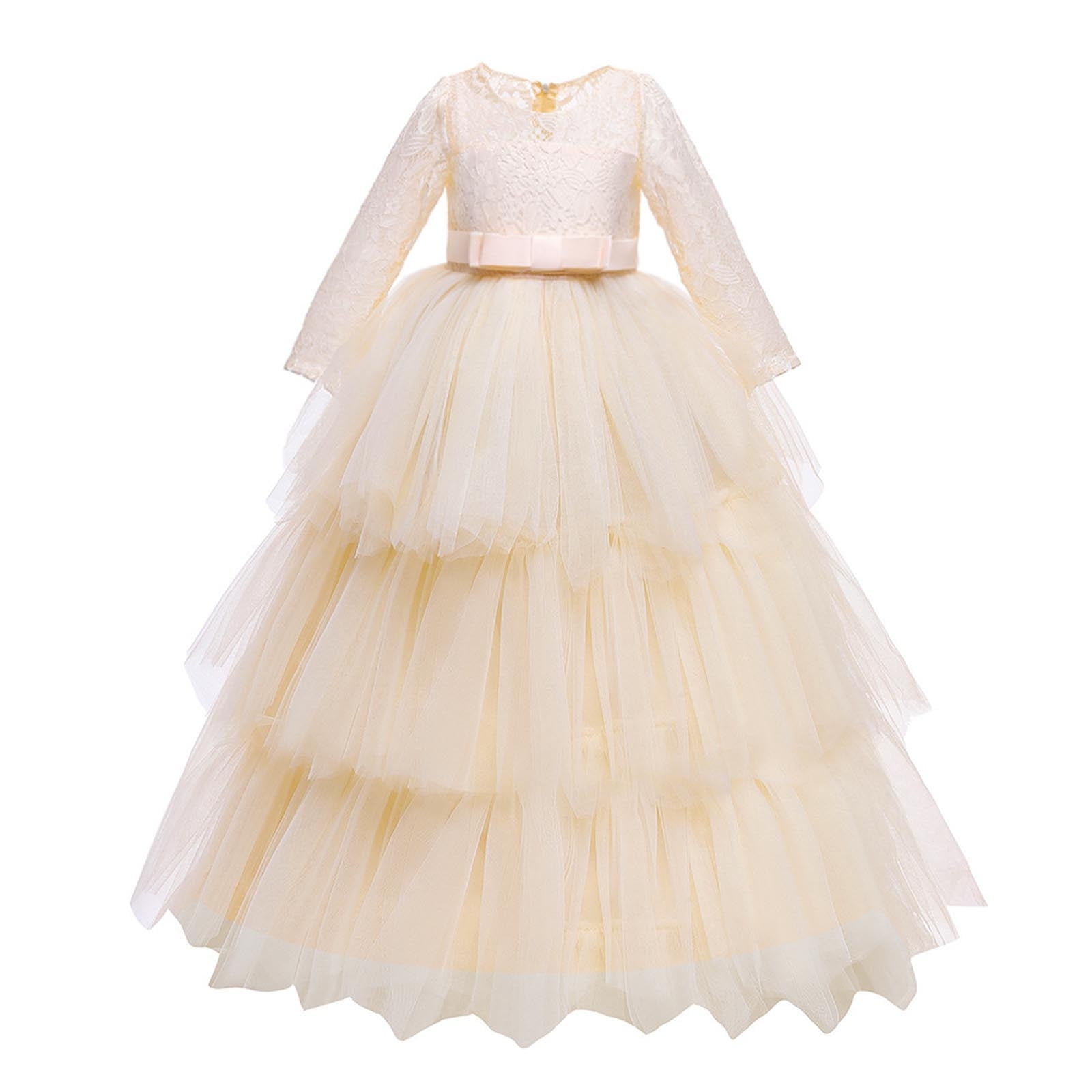 AUNVITO Girls Tiered Tulle Dress Bow Detail Round Neck Long Sleeve ...