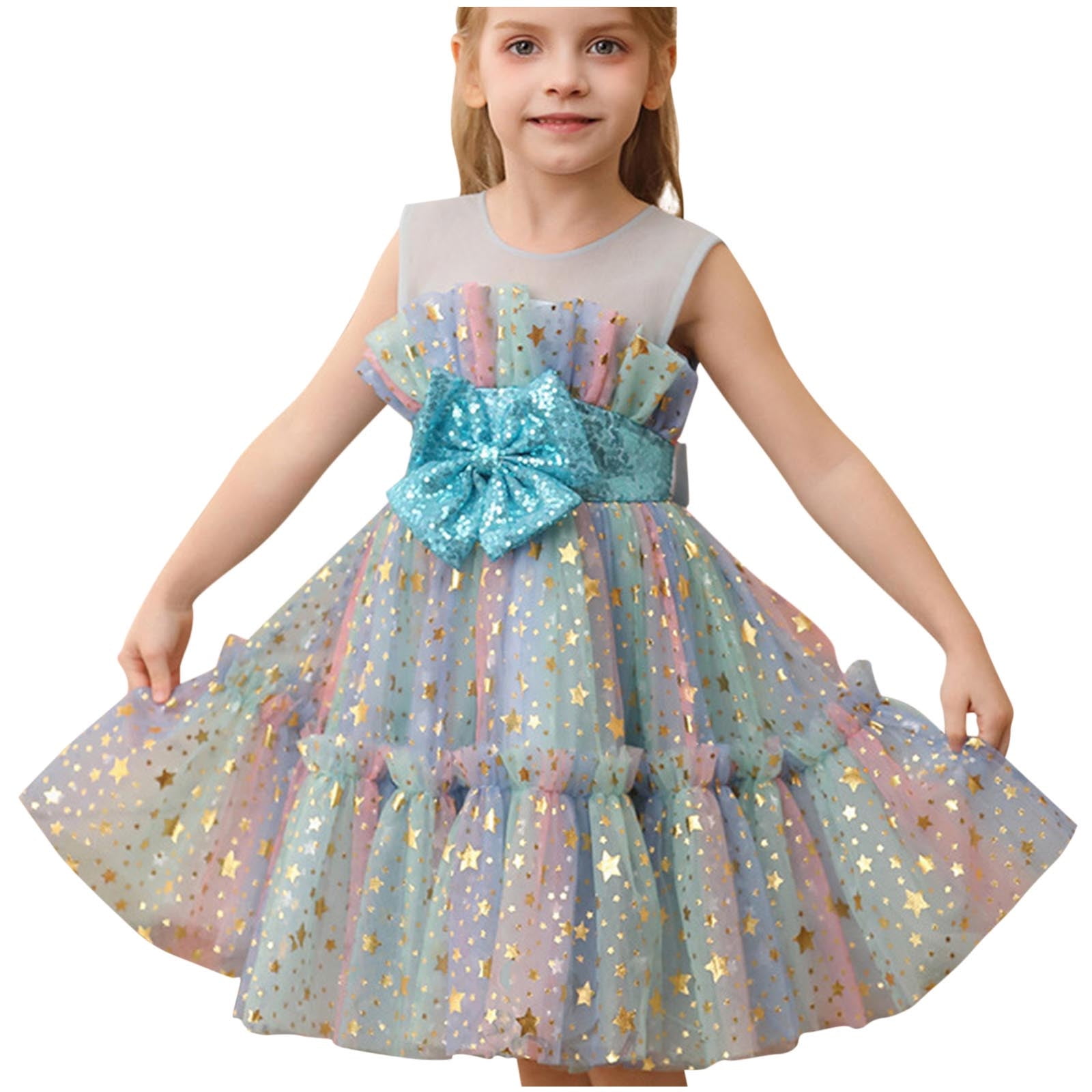 AUNVITO Girls Toddler Sleeveless Round Neck Bow Tulle Layered Party ...