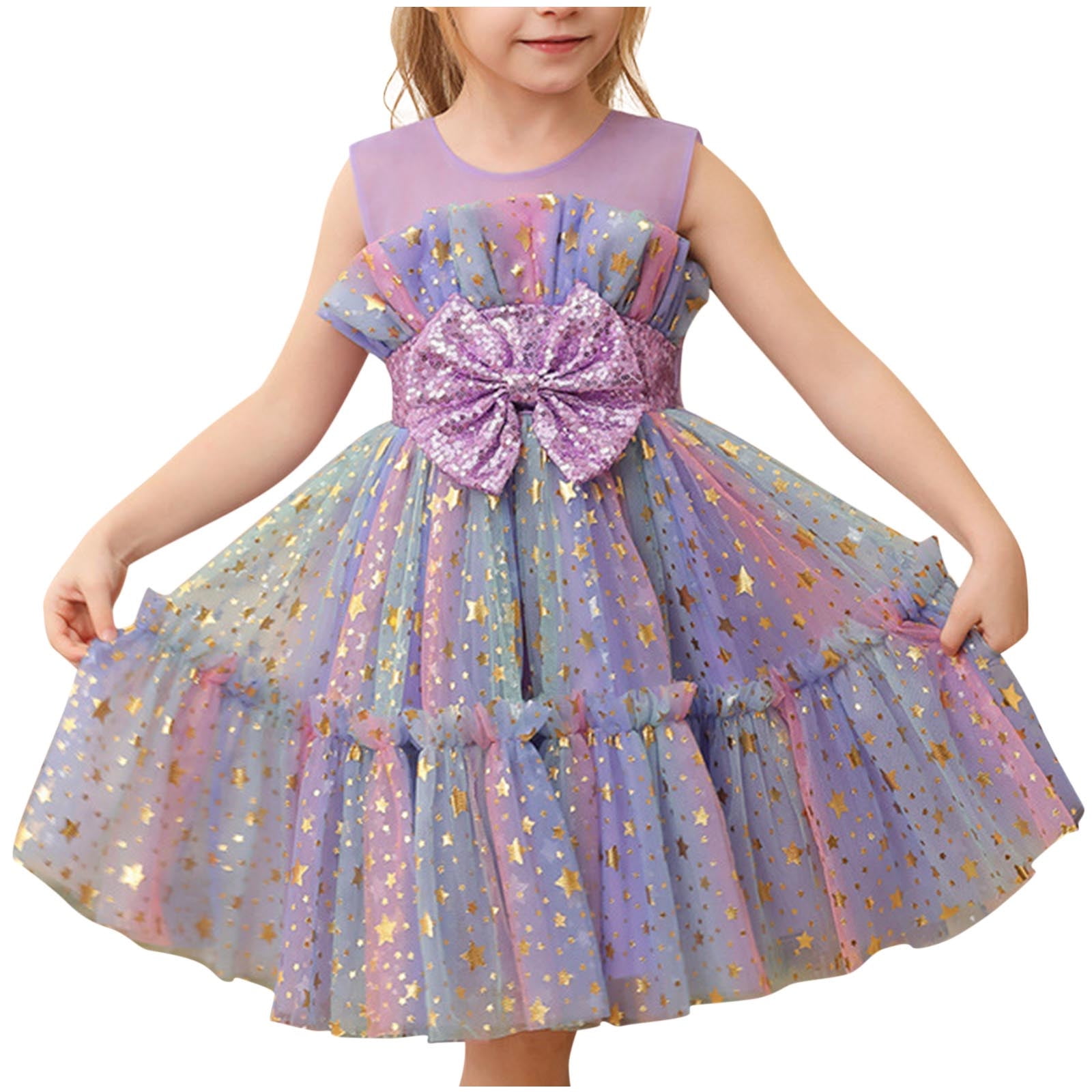 AUNVITO Girls Toddler Sleeveless Round Neck Bow Tulle Layered Party ...