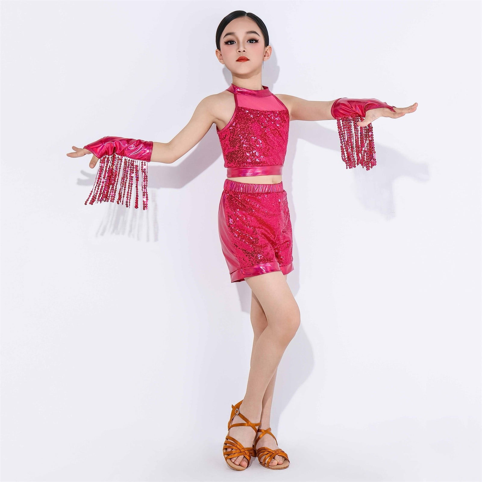 AUNVITO Girls Two-Piece Dance Costume Set Sleeveless Sequin Top ...