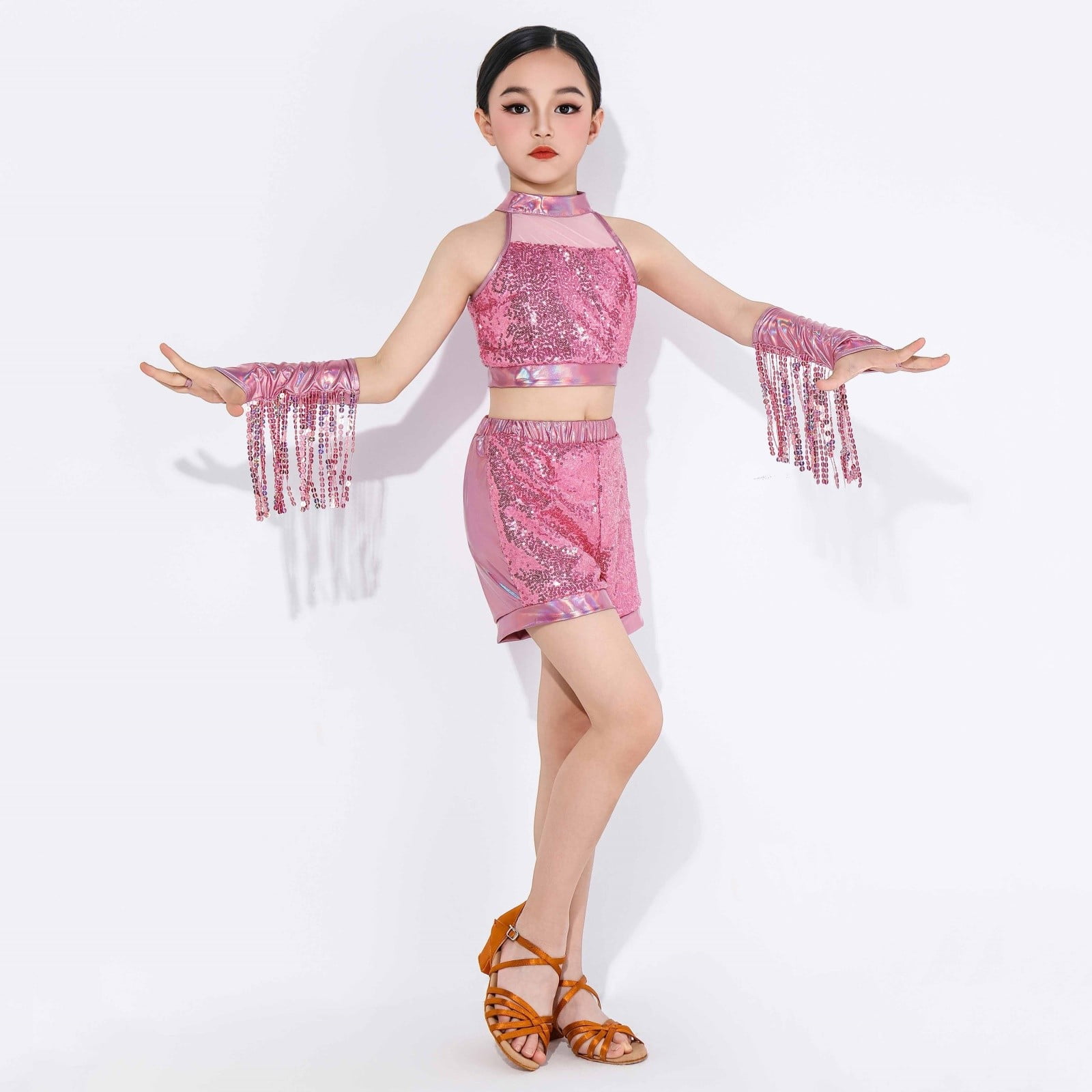 AUNVITO Girls Two-Piece Dance Costume Set Sleeveless Sequin Top ...